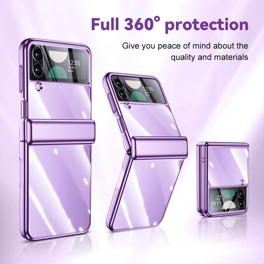 LEIAU for Samsung galaxy z-Flip-4 Case: Transparent Electroplating Protective Phone Case with Full Cover Hinge Protection, Clear Case with Screen Protector for Galaxy Z Flip 4 5G (Purple)