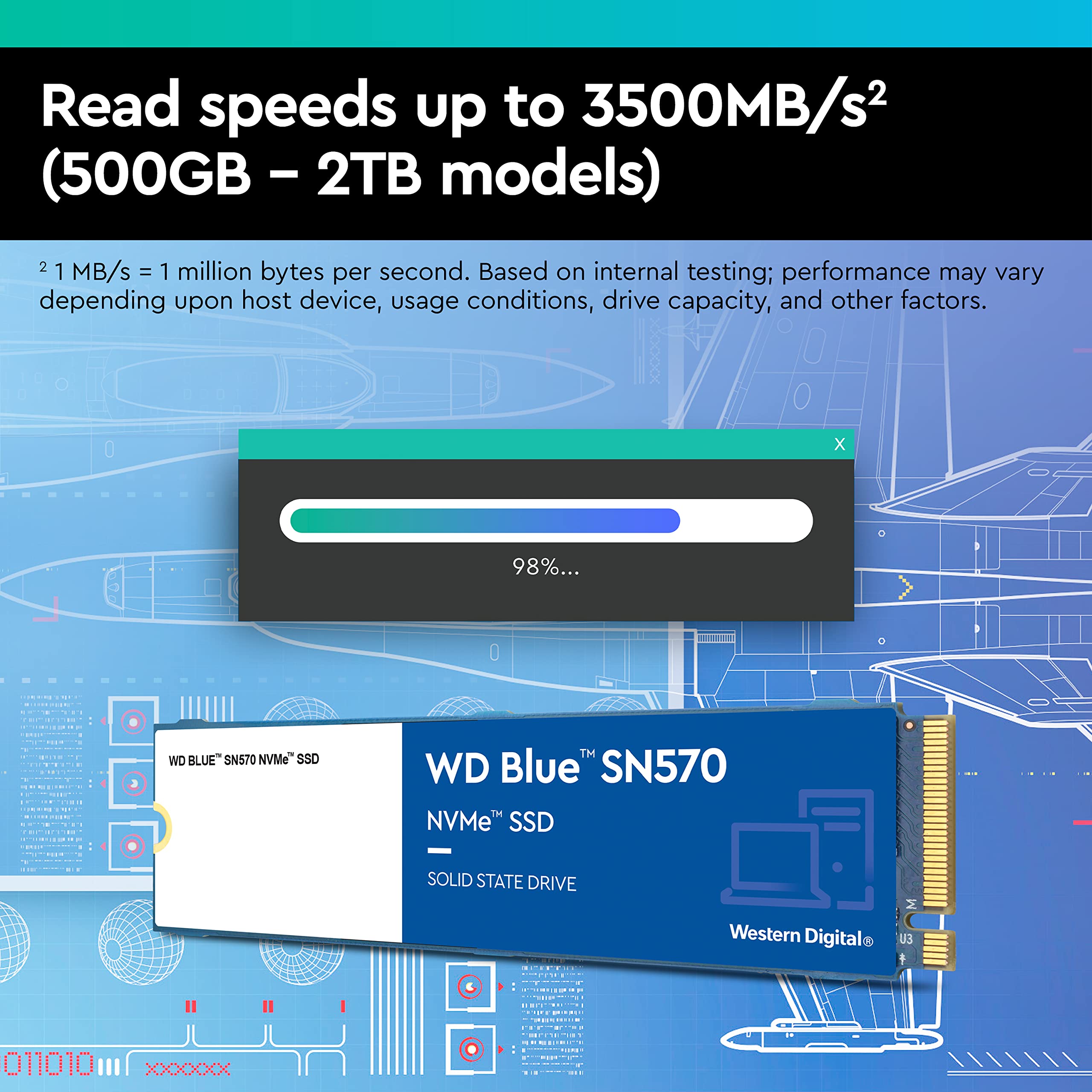 Western Digital 1TB WD Blue SN570 NVMe Internal Solid State Drive SSD & 1TB WD Blue SA510 SATA Internal Solid State Drive SSD - SATA III 6 Gb/s, 2.5"/7mm, Up to 560 MB/s - WDS100T3B0A