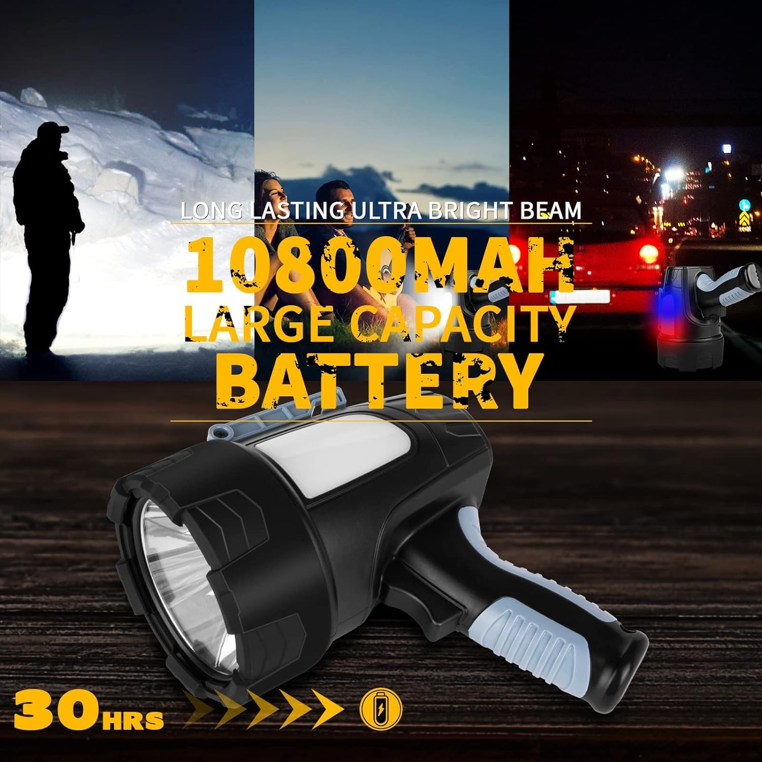 NiaoChao Rechargeable Spotlight Flashlight, 900000 Lumens Spot Lights Outdoor Handheld Spotlight Searchlight with Cob Light, 6 Modes, Folding Stand, IPX6 Waterproof