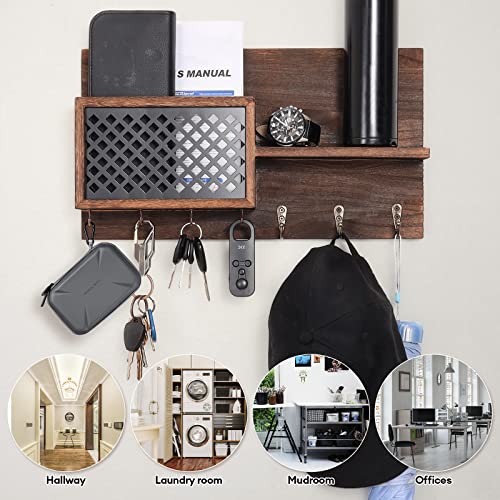 Wooden Key and Mail Holder for Wall Decorative-with 7 Key Hooks and A Floating Shelf Includes Letter Holder and Hooks for Coats, Dog Leashes β Rustic Home Decor for Entryway or Mudroom,Kitchen,Office