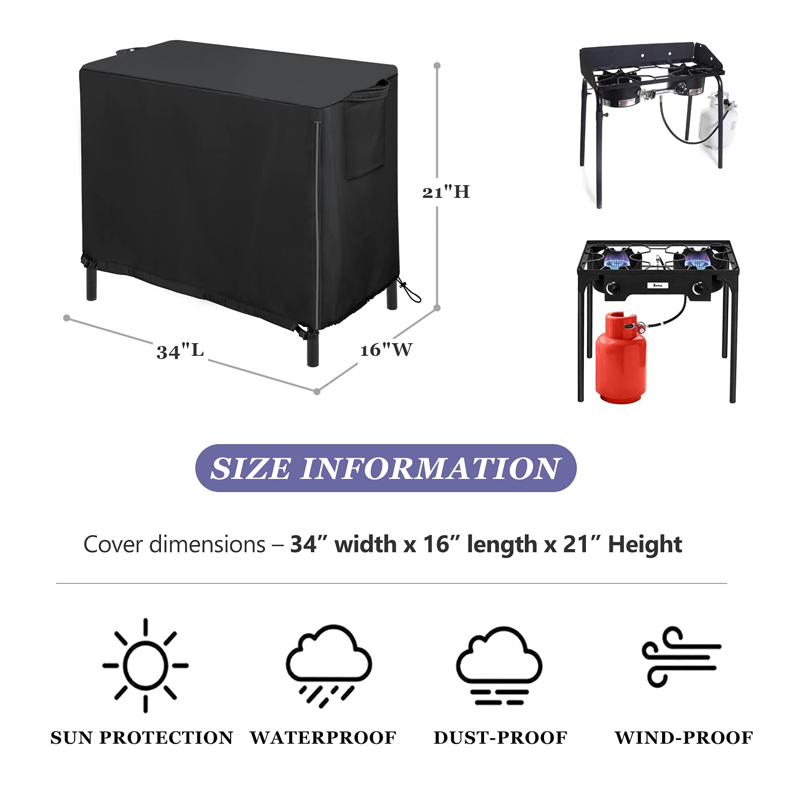 SELUGOVE Waterproof 2-Burner Camp Stove Cover 420D Oxford Fabric Thick Black for Camp Chefs EX60LW EX280LW PRO60Xetc.14" And 16" Double Burner System - 34" L × 16" W × 21" H
