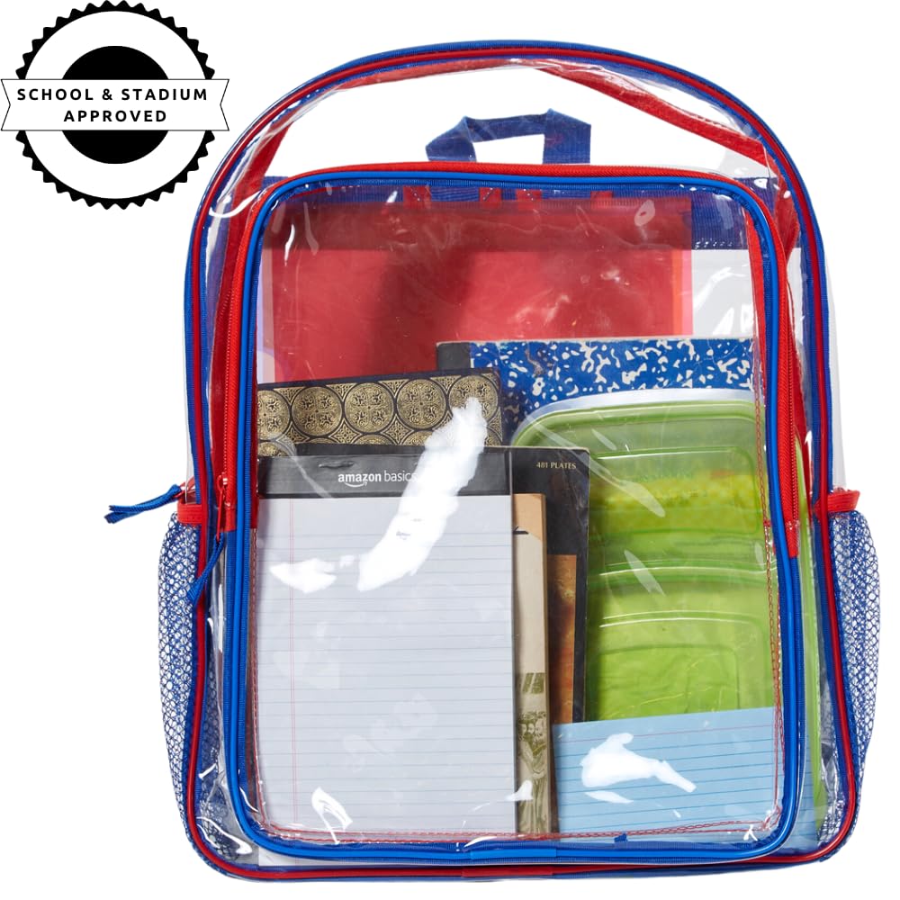 Large Clear Backpack for Kids with Super Mario Bros School Supplies Set, 16 inch Stadium Approved Transparent Bag, Red and Blue