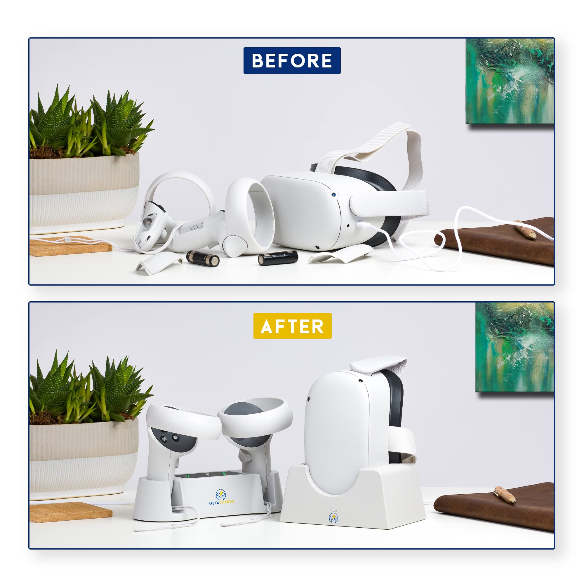 MetaCharge Charging Dock for Meta Quest 2 Virtual Reality Headset, Charging Station for Oculus VR, Comes with 2 Rechargeable Batteries (Support Elite Strap with Battery)