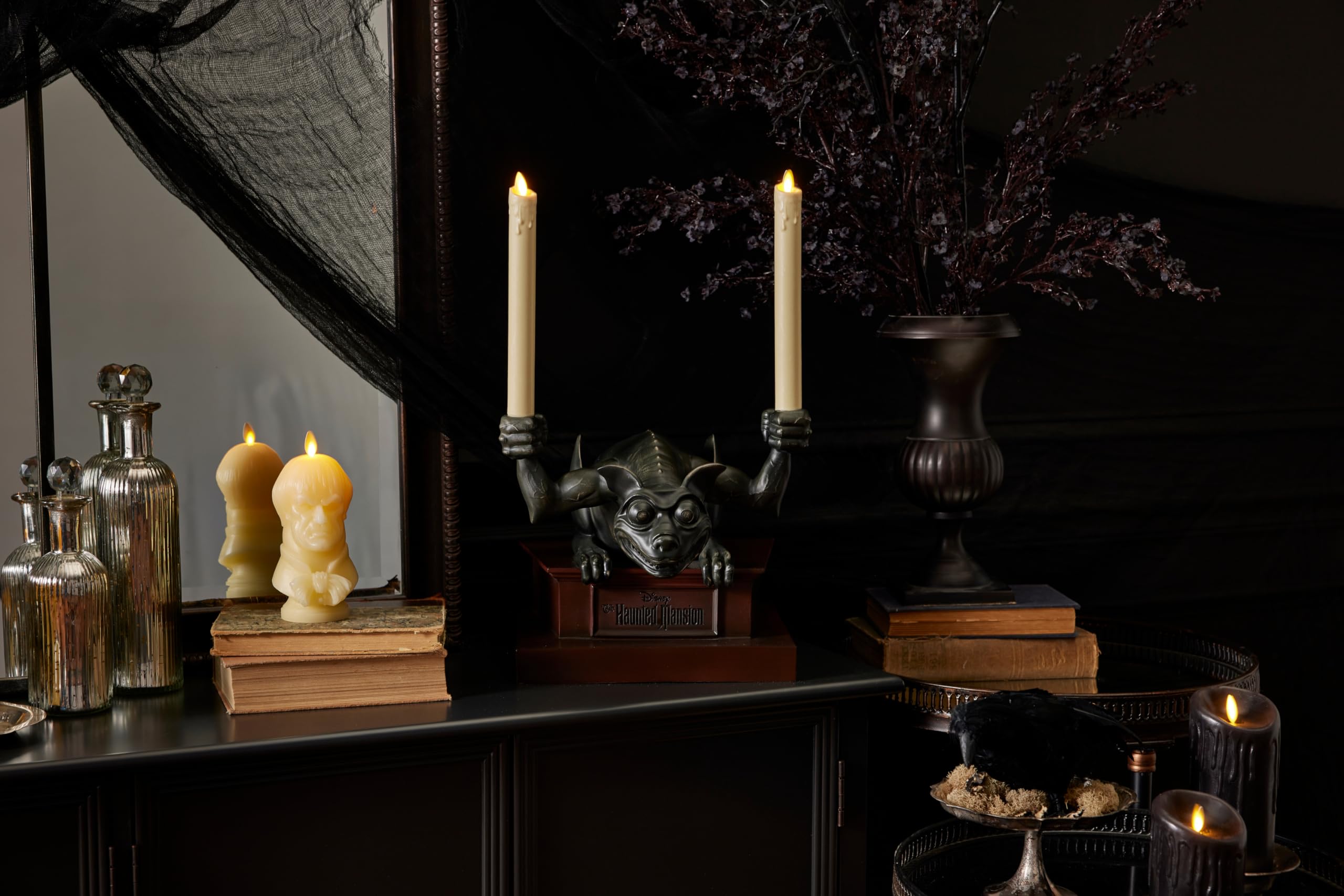 Luminara Disney's The Haunted Mansion Gargoyle Taper Holder Candlestick Holder with Set of 2 Ivory Wax Drip LED Tapers