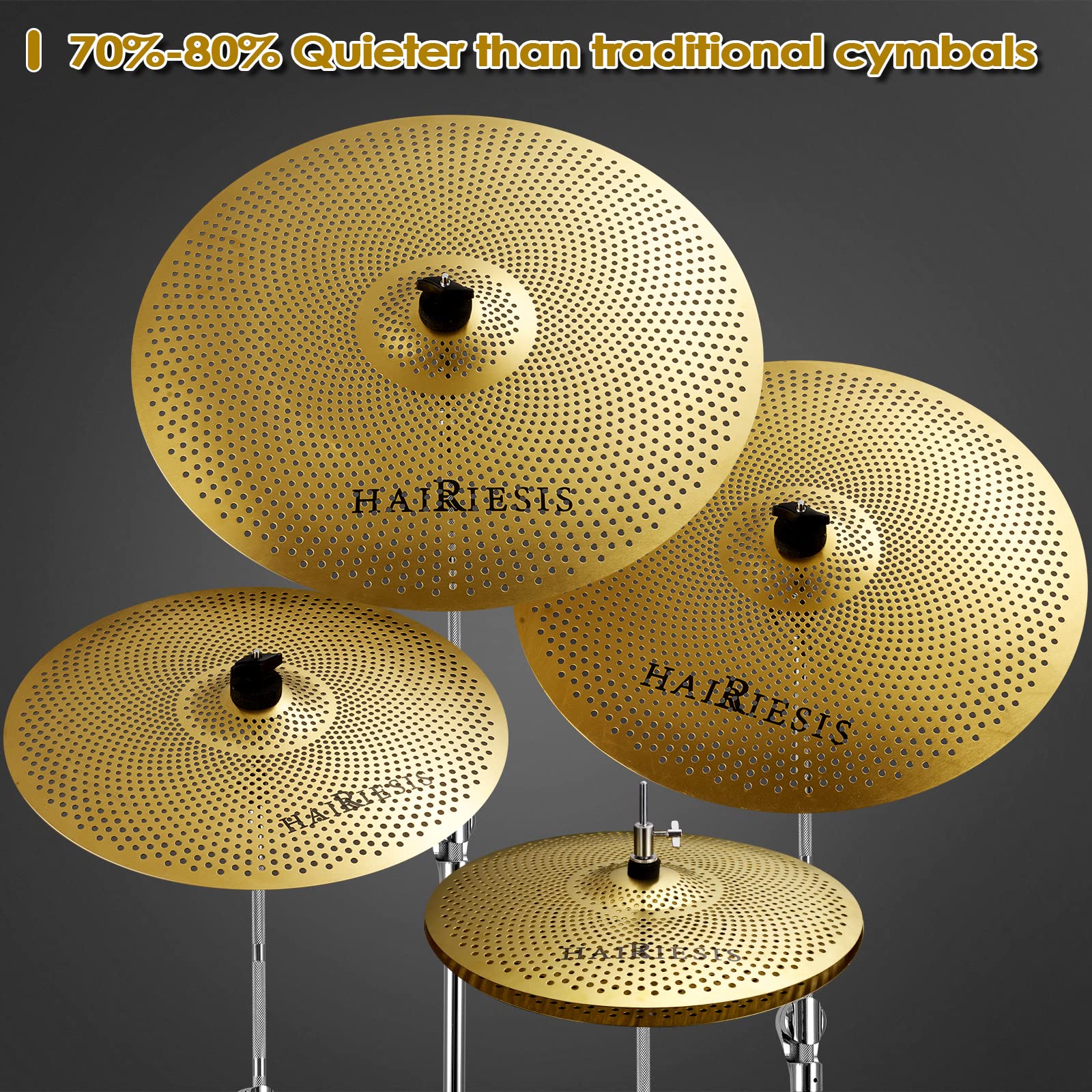 Silent Low Volume Cymbal Set 70%-80% Cymbal Set 14'Hi-Hat+16"Crash+18'Crash+20"Ride 5 pieces of Golden Drummer Practice Cymbals