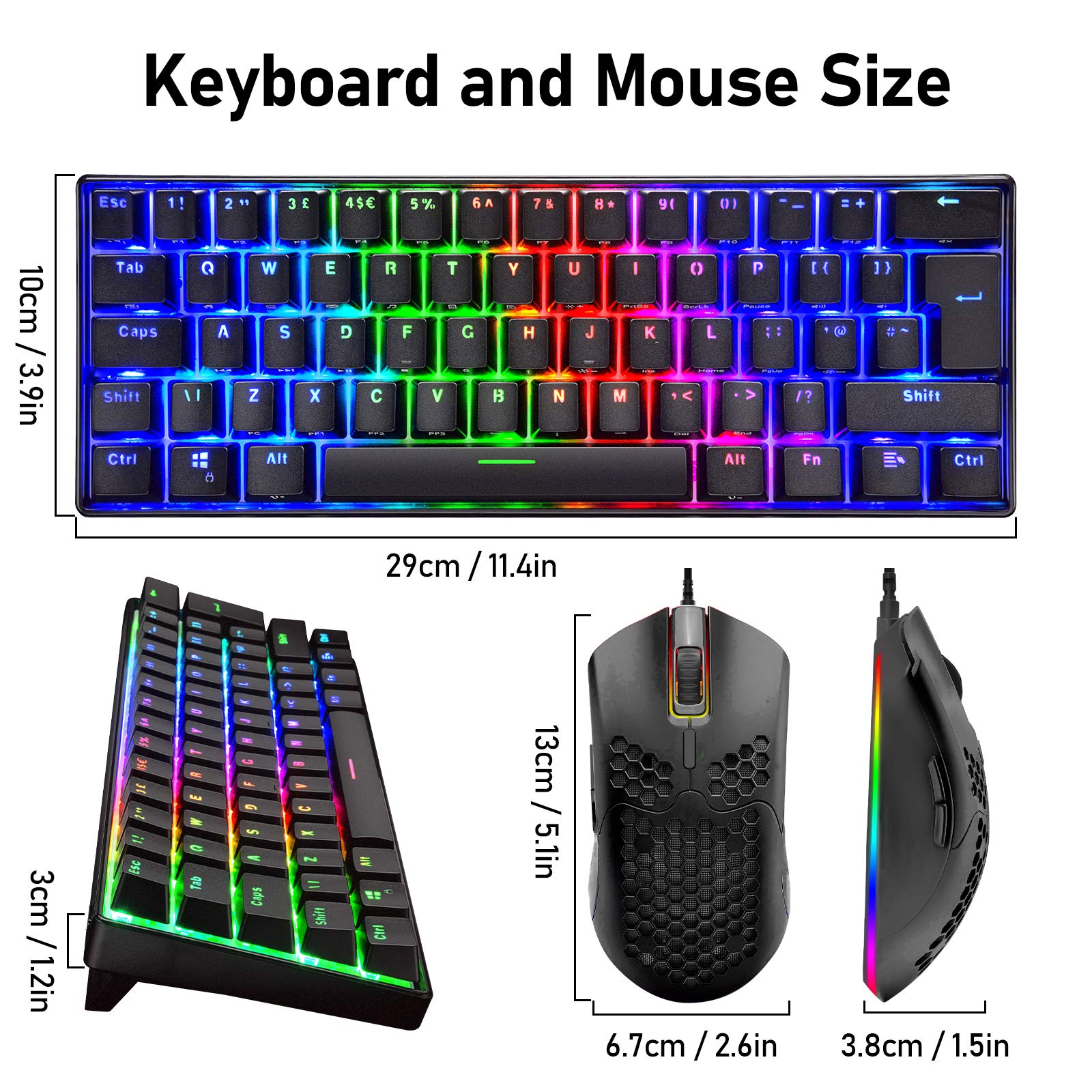 Mechanical Gaming Keyboard and Lightweight Honeycomb Mouse Combo with Rainbow RGB Backlit Full Anti-ghosting 61 Key Ergonomic Programmable Mice Wired USB for Laptop PC Gamer Typist(Black/Blue Switch)