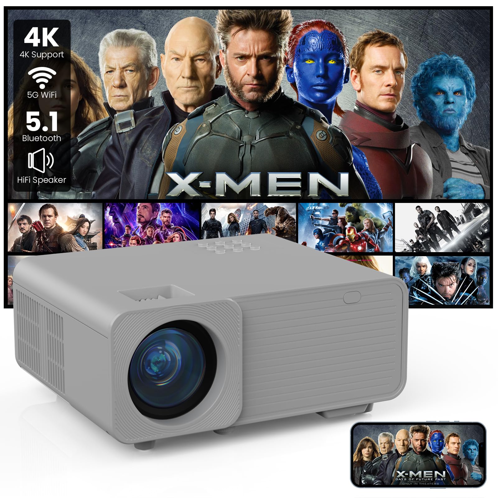 NICPOW Native 1080P HD Projector, 5G WiFi Bluetooth Mini Projectors, 13000lux 400 ANSI Portable Home Video Proyector, Supports 4K & Zoom, Compatible with HDMI USB/ AV/ Smartphone/TV Stick/PS5 (Grey)