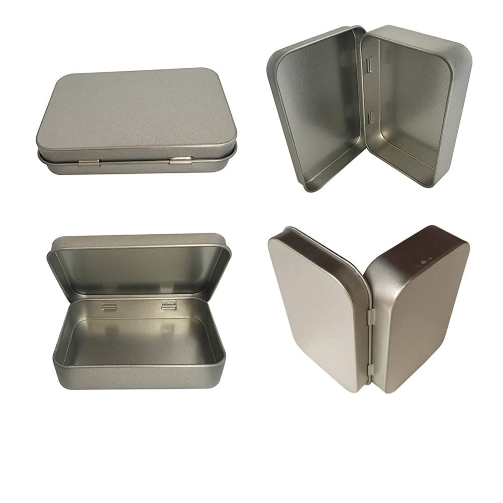 Metal Hinged Empty Hinged Tin Container with Lid, Silver Mini Portable Storage Tin Box for Pills Crafts Herbs Home Jewelry Organizer, Rectangular Candy Tin Empty Box (4 Pack)