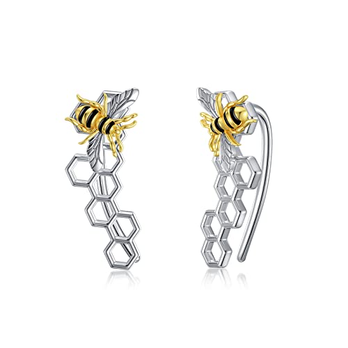 PELOVNY 925 Sterling Silver Bee Earrings Honeycomb Bee Ear Climbers Earrings Jewelry Gifts for Women