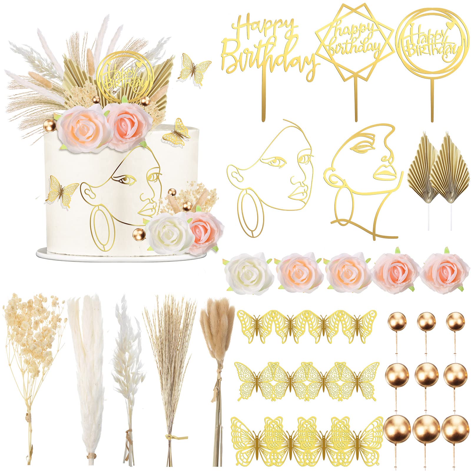 MTLEE 51 Pcs Boho Cake Topper Decorations Vintage Artificial Rose Flower Pampas Grass Acrylic Minimalist Art Lady Face Happy Birthday Ball Cake Topper for Wedding Baby Shower (Champagne Flower)