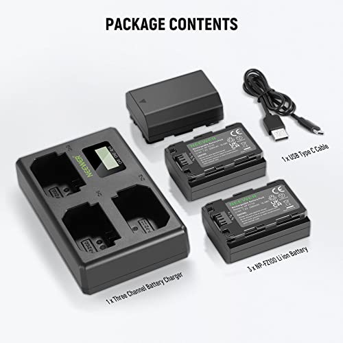 NEEWER NP-FZ100 Replacement Battery and Charger Set, 3 Pack 2280mAh NP-FZ100 Battery&Triple Slot USB Charger Compatible with Sony A1, A9, A9 II, A7R IV, A7S III, A7 III, A7 IV, A6600, A7C