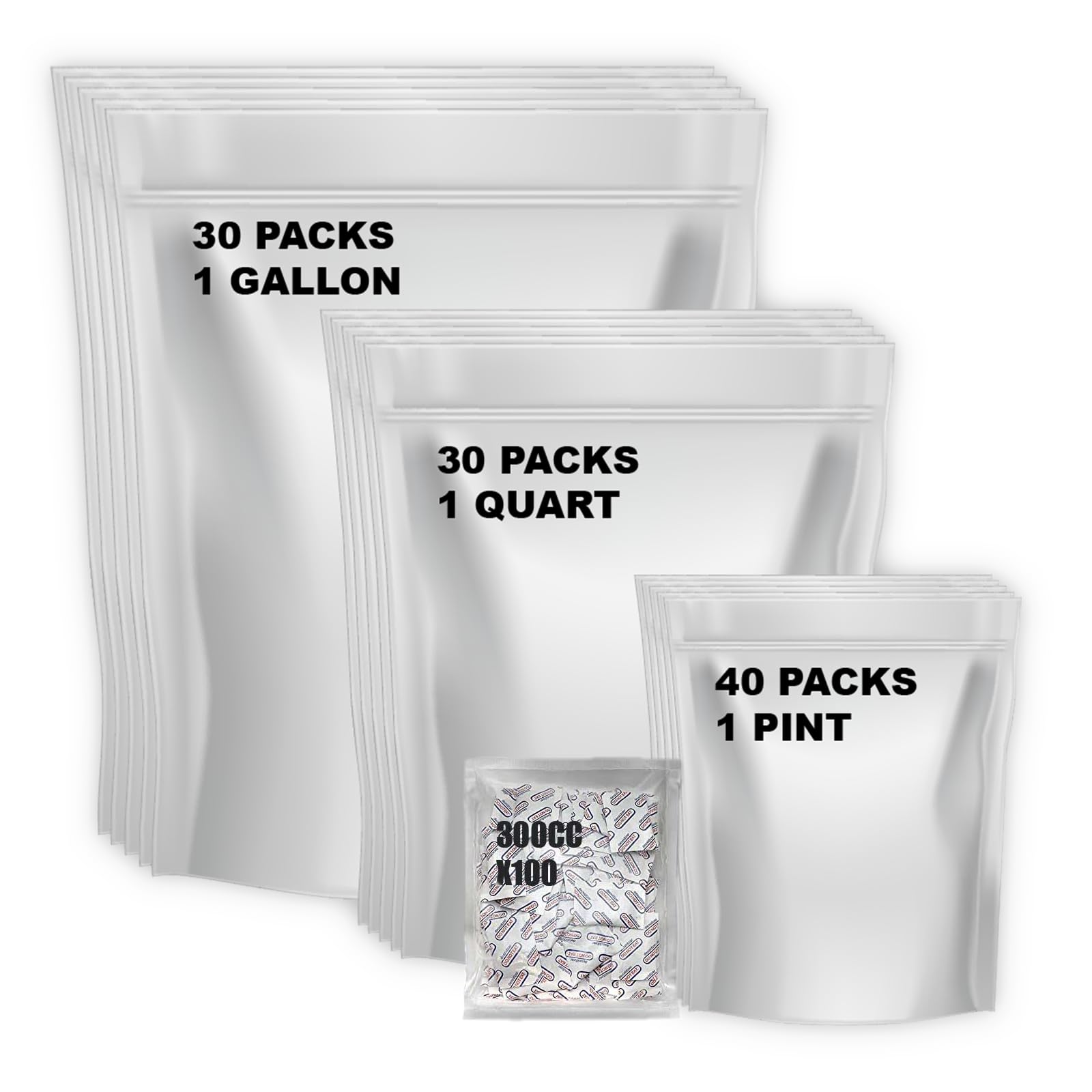 RL7 9.5 Mil Mylar Bags for Food Storage with Oxygen Absorbers 300CC – 100 Pack Ziplock Heat Resealable Mylar Bags 1 Gallon 10"x14" (30Pcs) - 1 Quart 6"x9" (30Pcs) – 1/2 Pint 4"x6" (40Pcs) & Labels