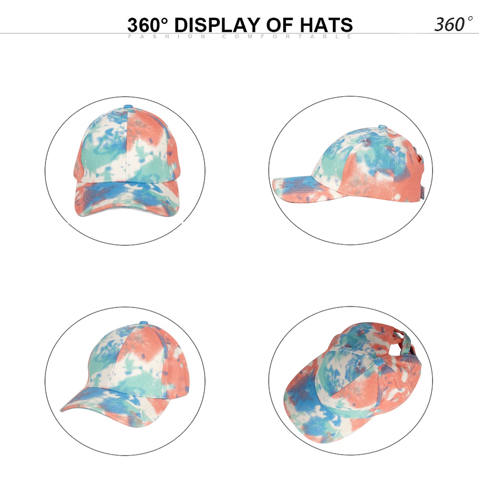 Ponytail Hat Baseball Cap for Women Criss Cross Adjustable Washed Tie Dye Messy Bun Trucker Dad Hat Ponycaps Womens Multicoloured