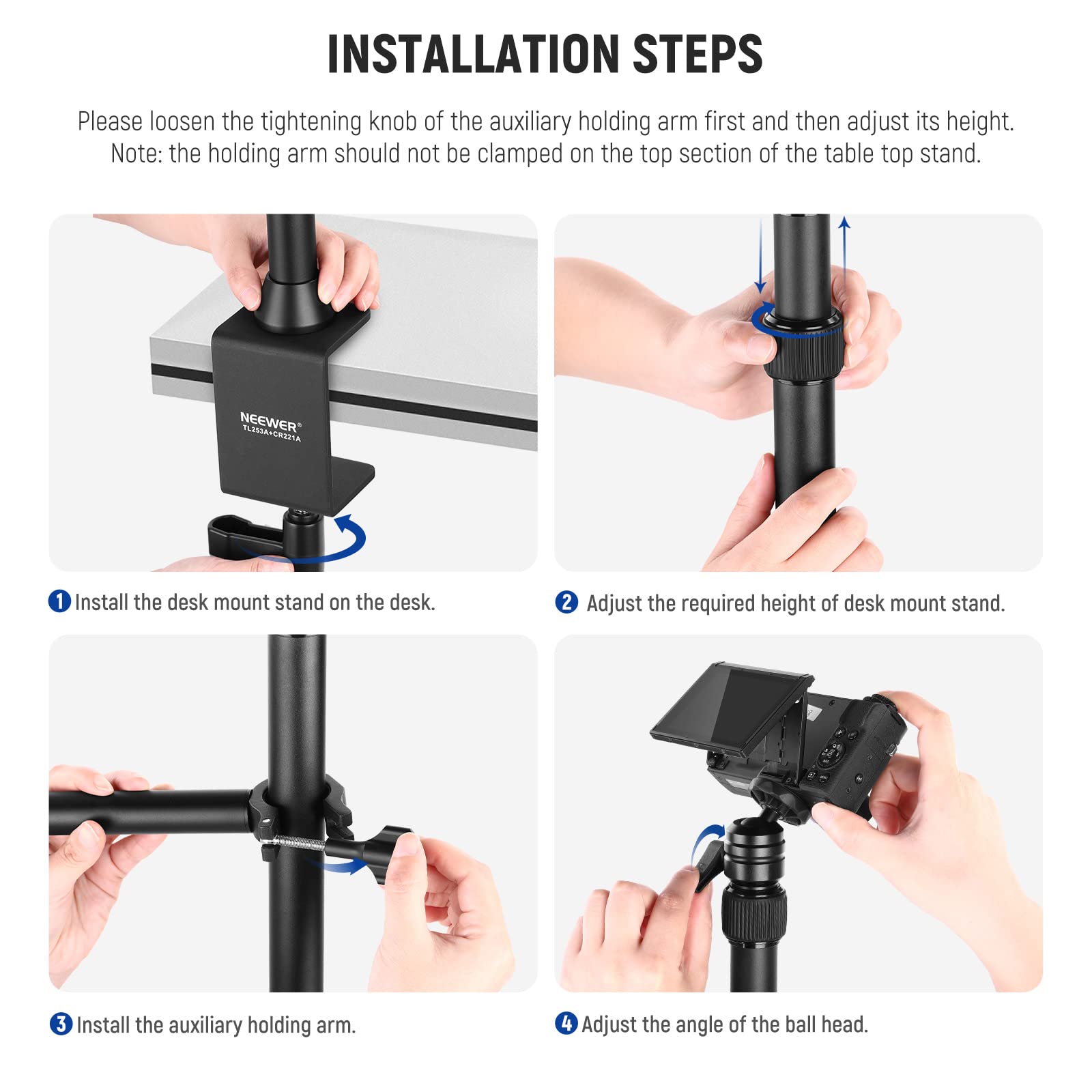 NEEWER Upgraded Tabletop Camera Mount Stand with 3 Section Flexible Arm, Overhead Height Adjustable Stand Mount with Phone Holder, Ball Head for DSLR Camera, Phone, LED Light, Webcam, TL253A+MH022