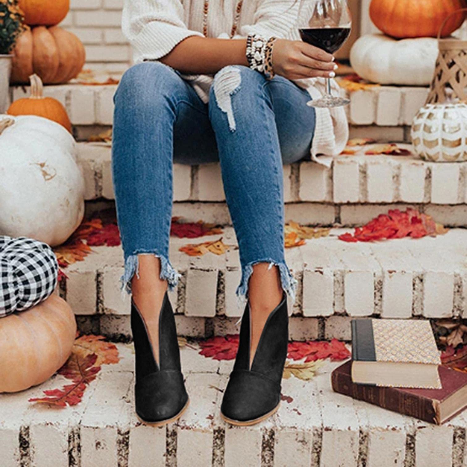 NOLDARES Boots for Women Low Heel V Cutout Ankle Boots Leather Winter Warm Stacked Chunky Heel Short Booties, Black, 7.5