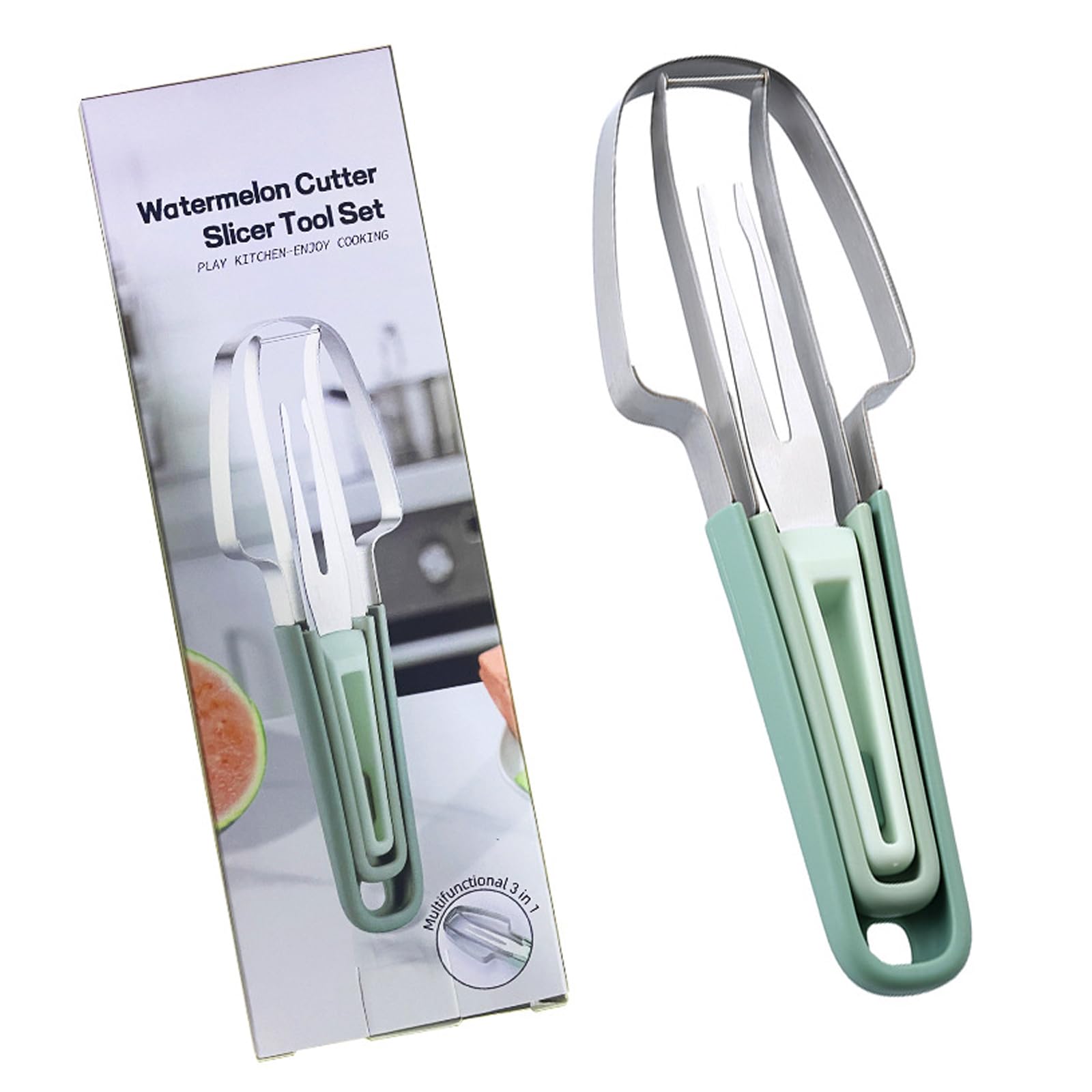 Zhaolie 3-in-1 Watermelon Fork Slicer Cutter,Stainless Steel Watermelon Popsicle Cutter Watermelon Cutter Slicer Tool Melon Cutter Knife Portability Fruit Fork Set for Camping Kitchen Gadgets, Green