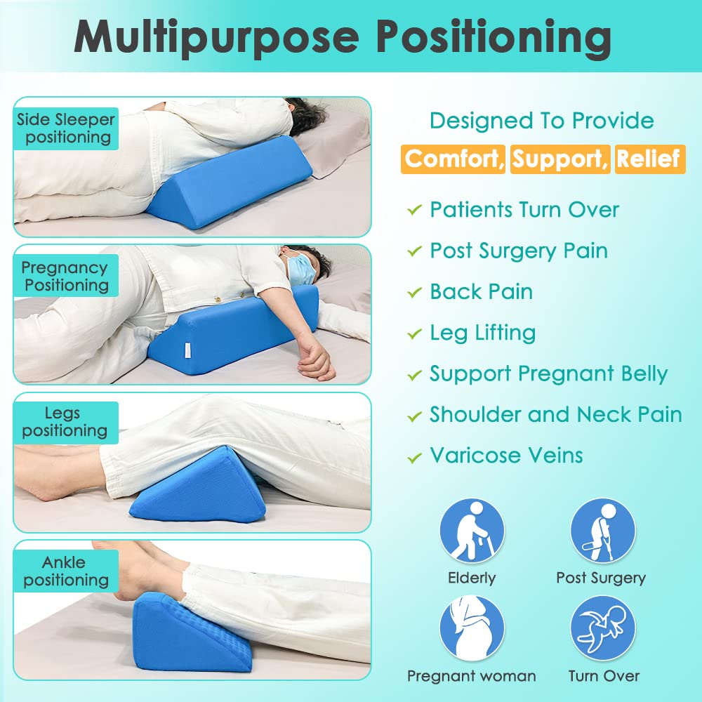 NEPPT Pillow Wedge for Sleeping After Surgery Bed Incline Pillow Foam Wedge Cover Patient Turning Device Prevention Bed Sores Relieve Back Pain Pregnancy Body Positioners (Blue - Gel)