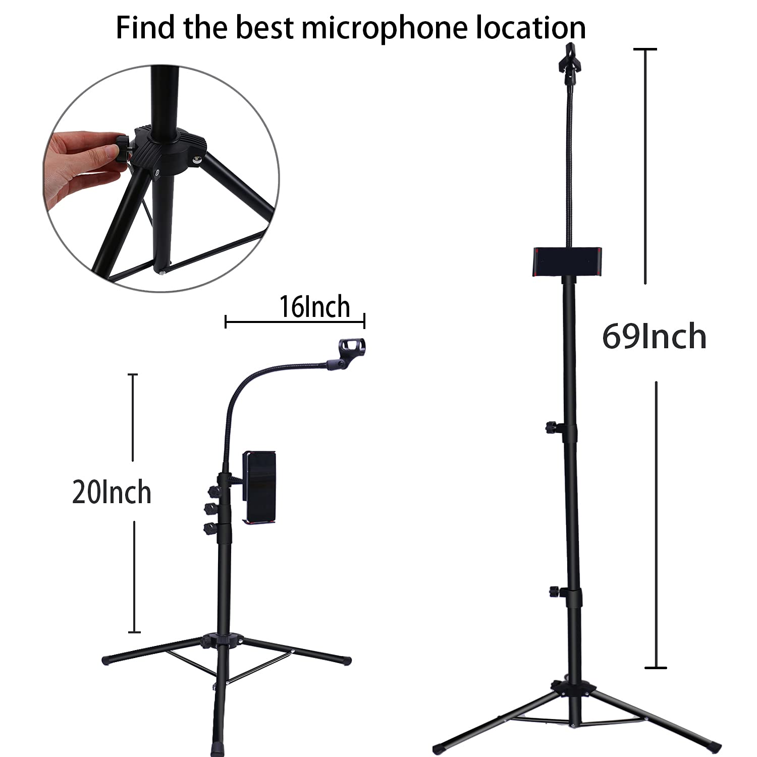 Microphone Stand Portable Mic Stand with Phone Holder,Detachable Gooseneck Mic Tripod - Adjusted Height From 3 to 6 Feet - with 2 Standard Mic Clips