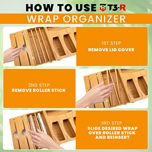 T3-R Foil and Plastic Wrap Organizer - 6-in-1 Bamboo Organizer Plastic Wrap Dispenser with Cutter for Kitchen Drawer - Best Use for Sandwich Bag, Aluminum Foil, Wax Paper and Plastic Wrap