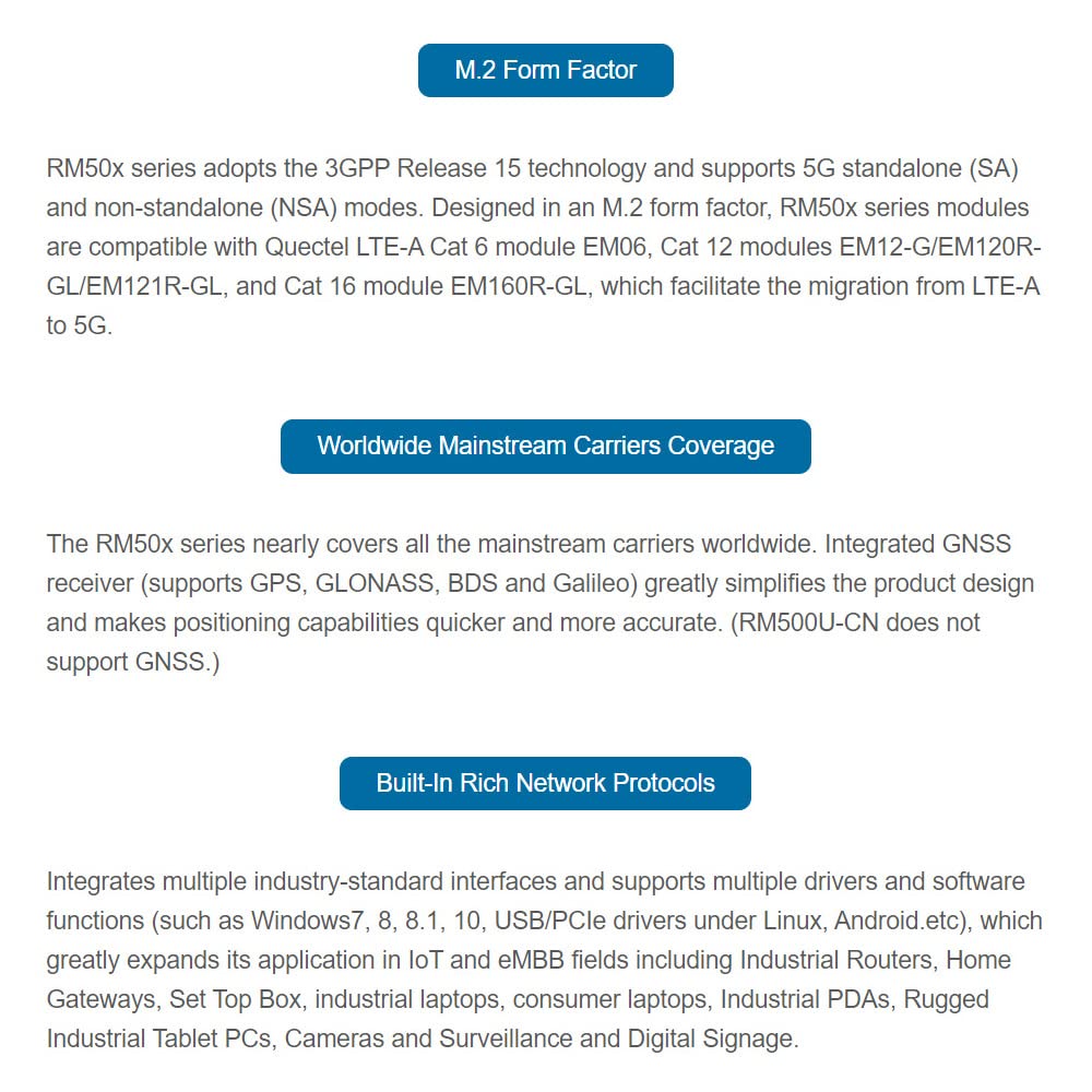Waveshare Quectel 5G Sub-6 GHz Module Designed for IoT/EMBB Applications Industrial-Grade Modules Support DFOTA and Volte Functions-RM502Q-AE