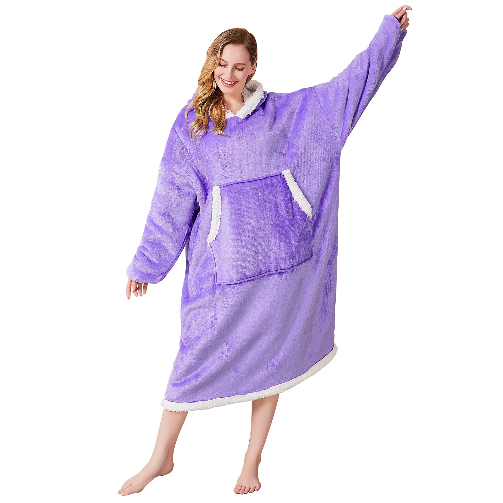 Oversized Sherpa Wearable Blanket Hoodie, Pullover Sweatshirt Warming Blanket for Women Gift Idea for Adults Teens Men, Navy, One Size