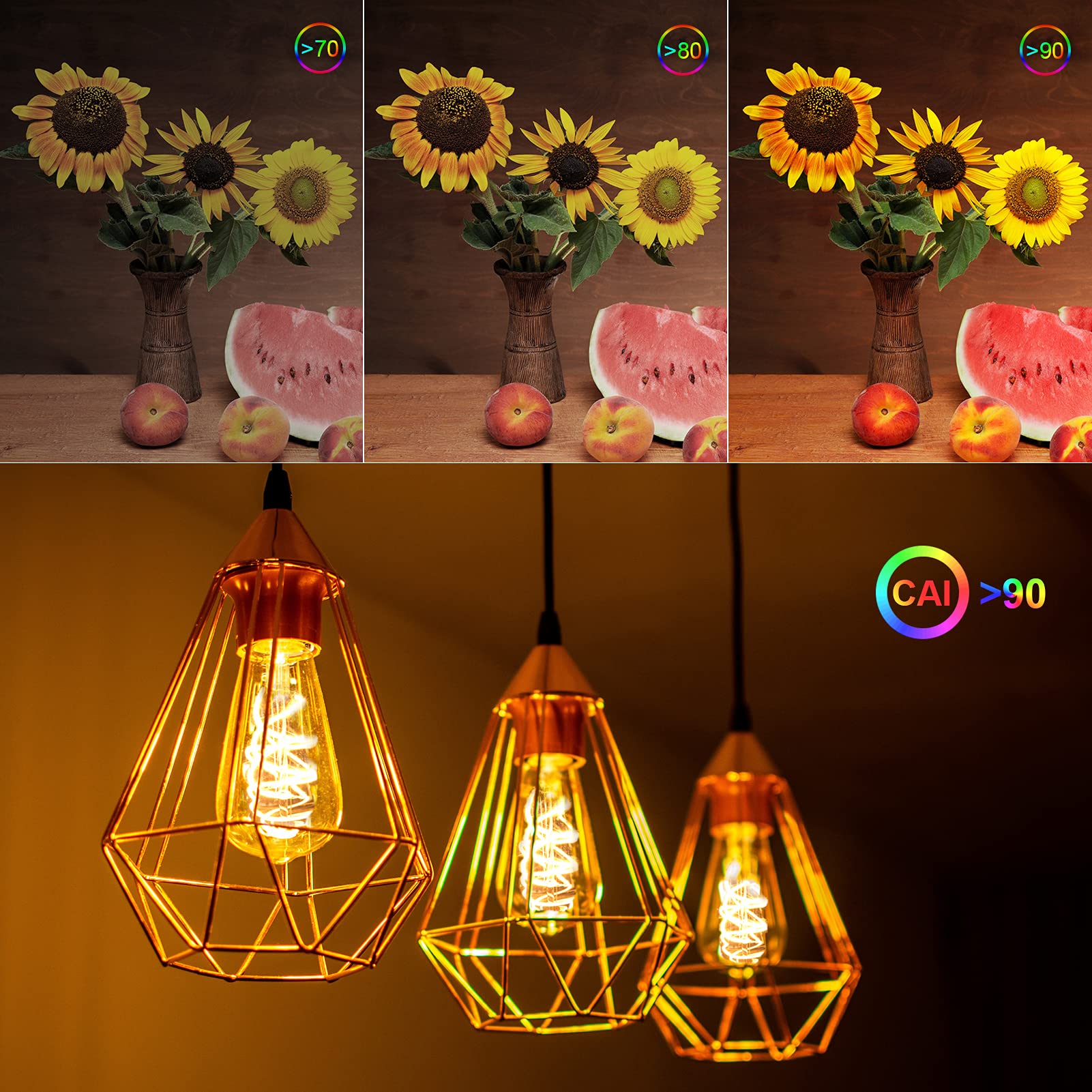 Ocona Vintage Edison LED Light Bulbs 40W Equivalent, E26 Medium Base, ST64 Amber Glass Light Bulb, High CRI 90, 2000K Warm Yellow Light, Pack of 4