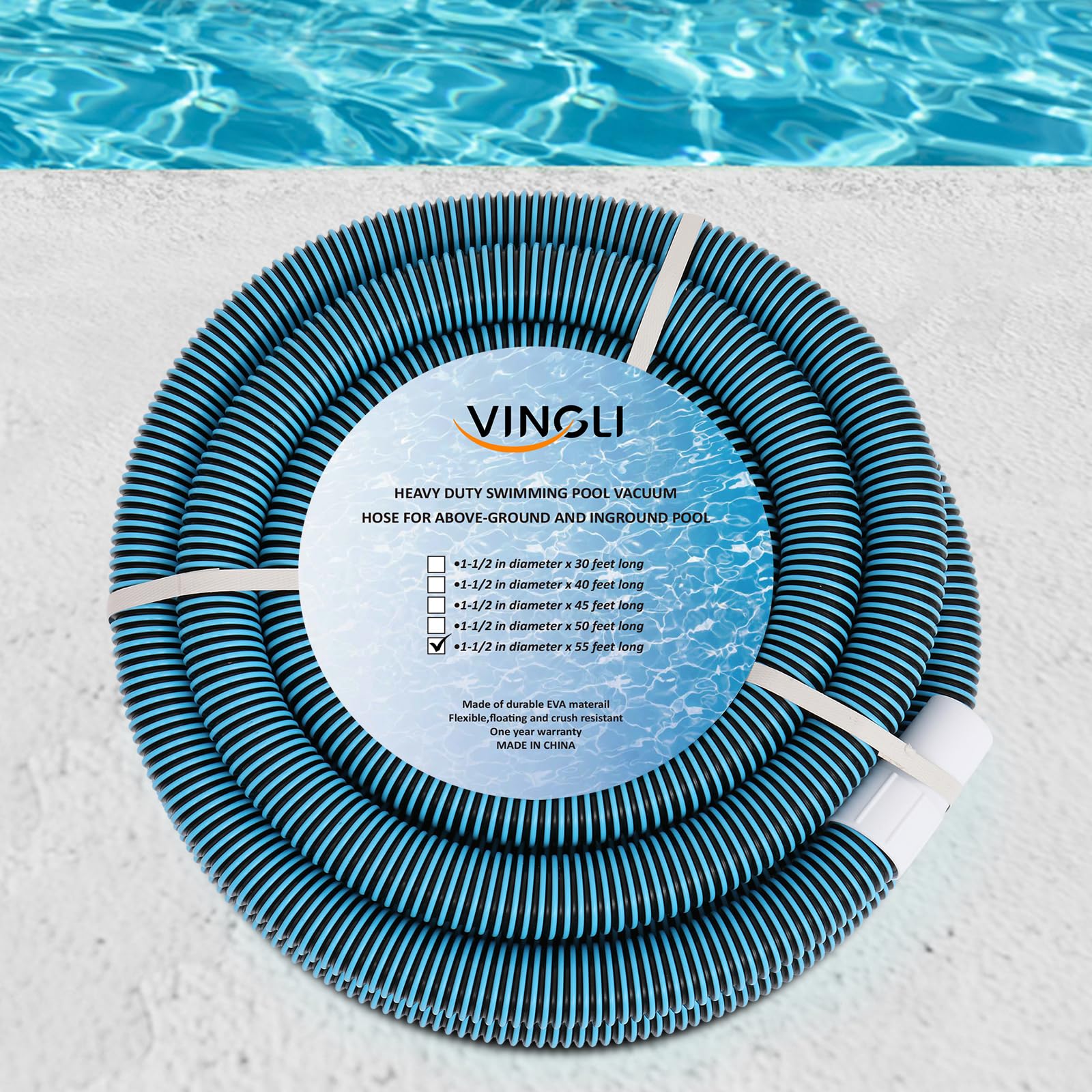 VINGLI 1-1/2-Inch by 55-Feet Pool Hose Commercial In-Ground and Above-Ground Pool Swimming Pool Vacuum Hose, Blue