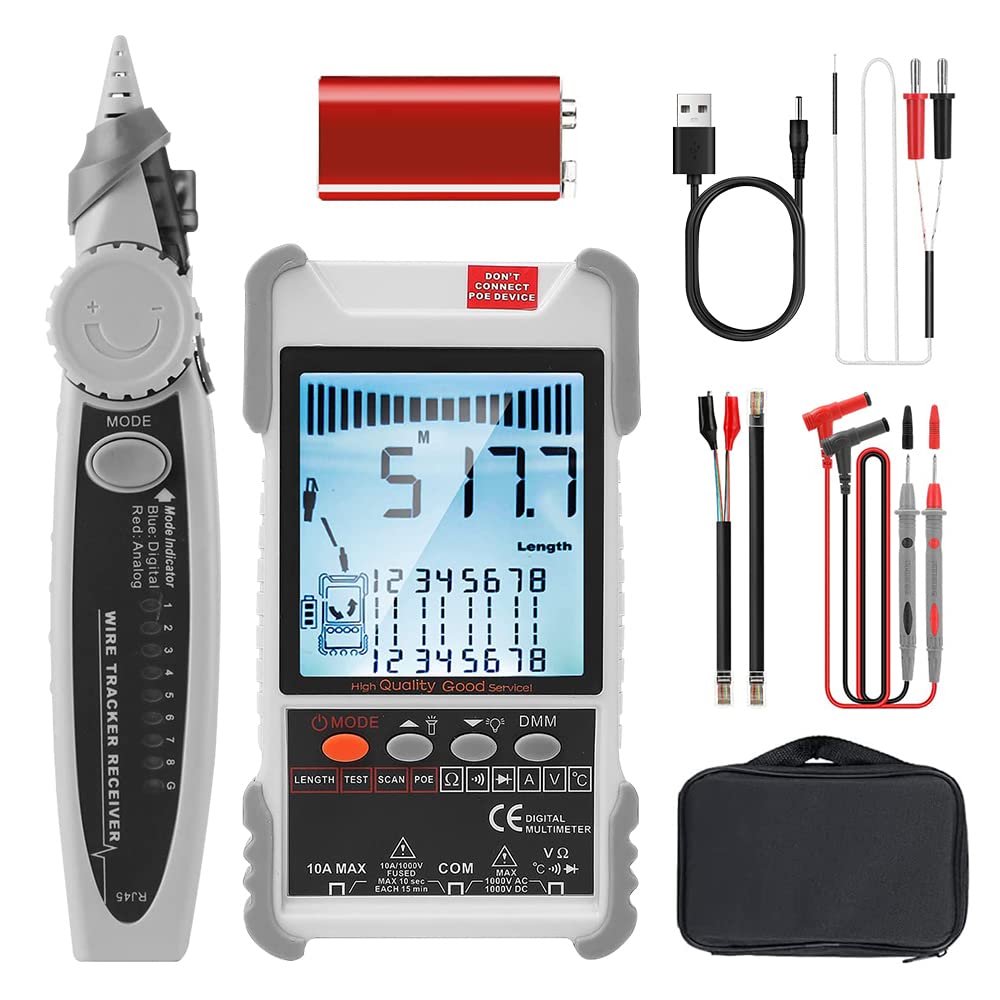 YGGYM Network Cable Tester with Multimeter, Multifunctional Ethernet Wire Tracker, DC AC Voltmeter with Cable Tracing/Length Test/POE Test(Silver)