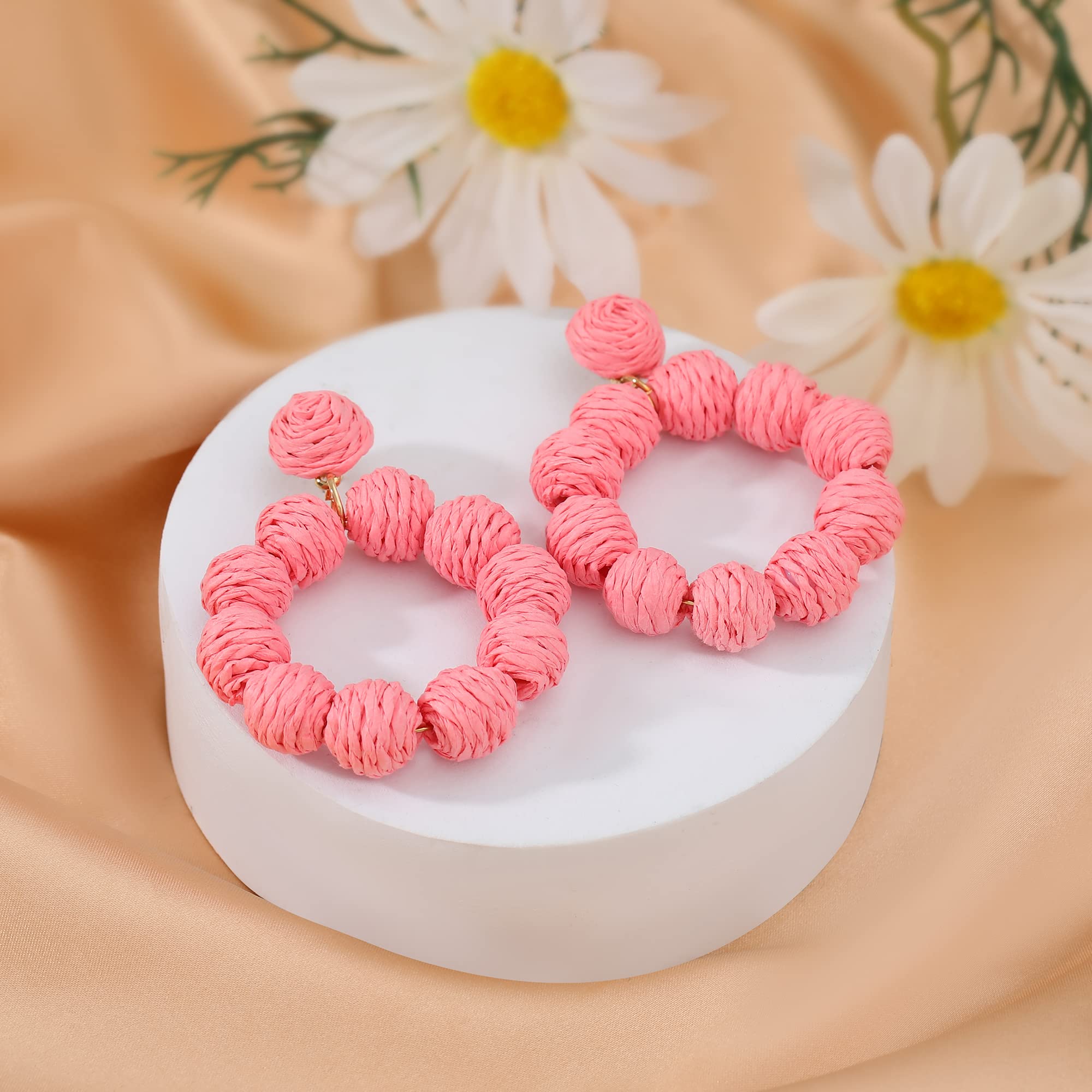 Statement Raffia Earrings for Women Boho Rattan Ball Hoop Dangle Earrings Handmade Bohemia Braid Straw Wicker Raffia Wrapped Drop Earrings Summer Beach Earrings Jewelry