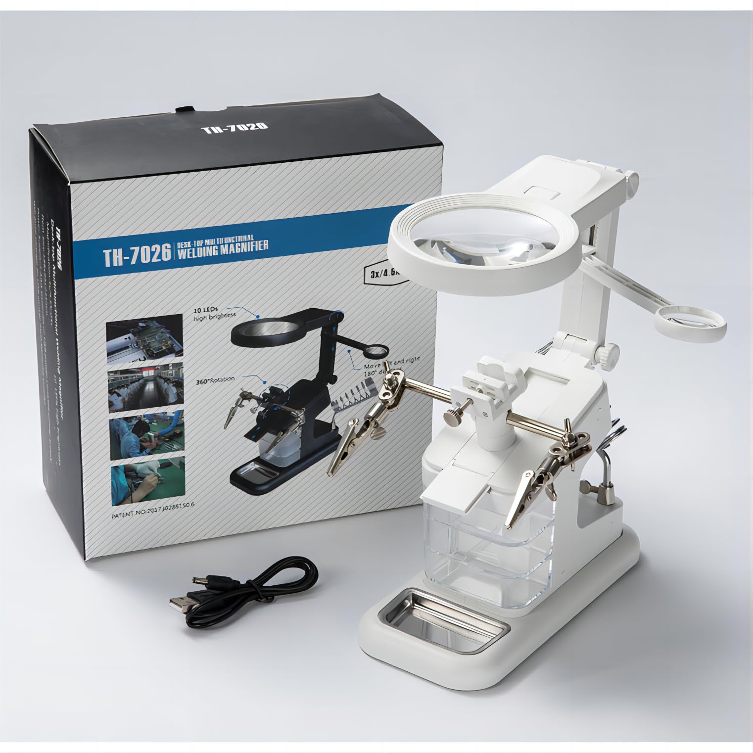 WWZMDiB 3X/4.5X/25X Helping Hands with 10 LED Lights, Tool Organizer, Alligator Clips, Soldering Iron Clips. Suitable for Soldering All Kinds of Tiny Components