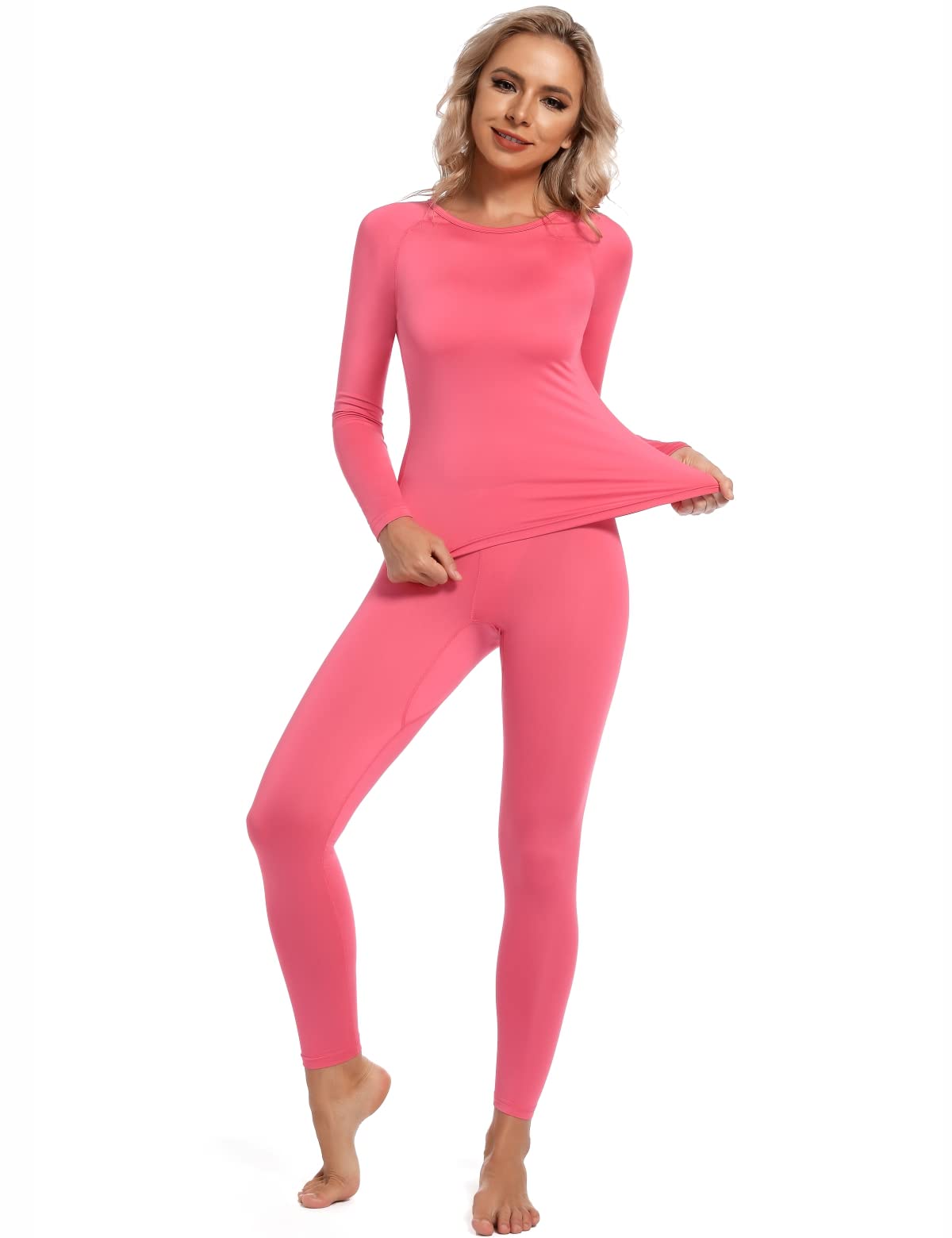 Przewalski Thermal Underwear Set For Women, Winter Long Johns Warm Up Base Layer Top and Bottom Pajama Suits Cold Weather Pink