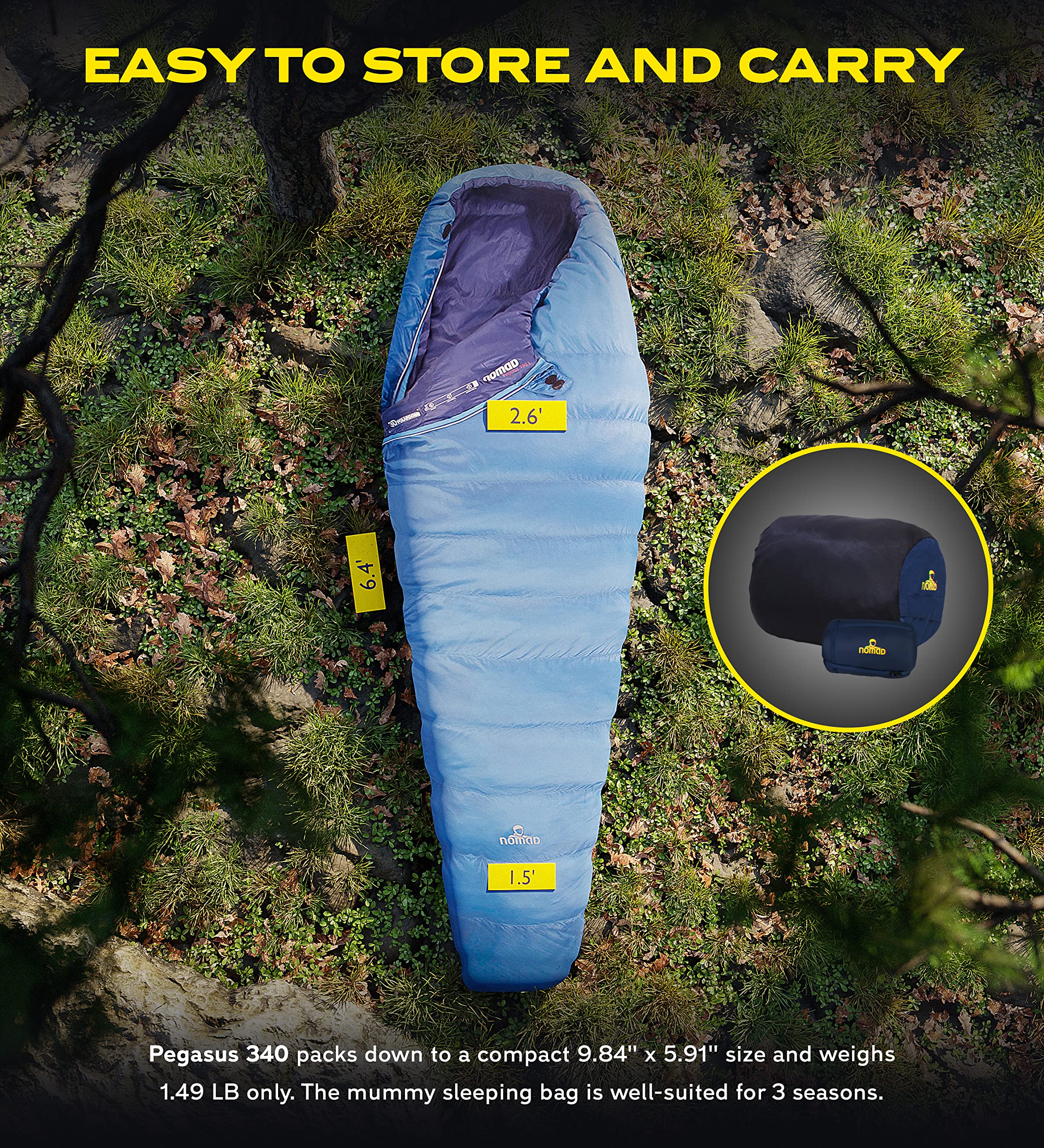 NOMAD Pegasus 340 Mummy Sleeping Bag for 3 Seasons - Water-Resistant and Lightweight Sleep Sack with Compression Stuffsack and Mesh Storage Bag for Hikers, Campers, and Backpackers (Deep Sky)