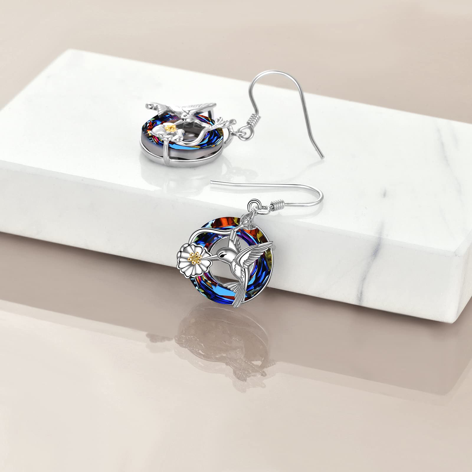 POPLYKE Hummingbird Earrings for Women Sterling Silver Hummingbird Bird Daisy Flower Dangle Drop Earrings with Volcano Circle Crystal Gifts(volcano)