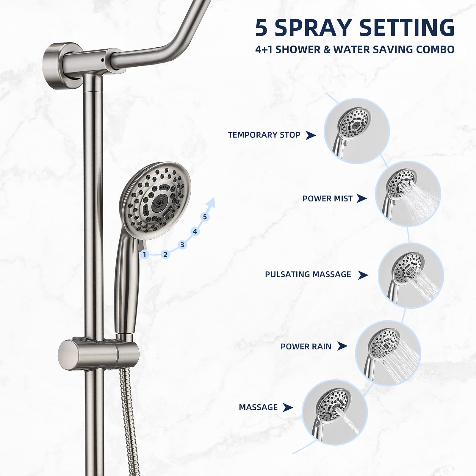 Shower System with 8" Rain Shower Head, 5-Function Shower Head with Handheld, Adjustable Slide Bar, 59" Stainless Steel Hose, Brushed Nickel