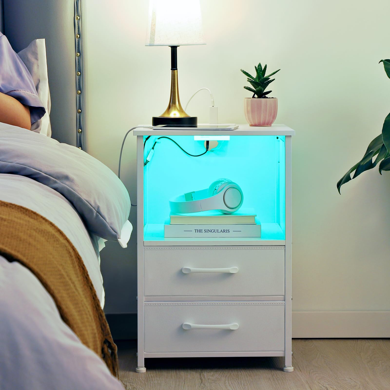 LOAKEKEL White Night Stand Set 2, LED Nightstand with Charging Station, End Tables with 3 Fabric Drawers, Bedside Table with USB Type C Port and Outlets for Bedroom, HNS033WT