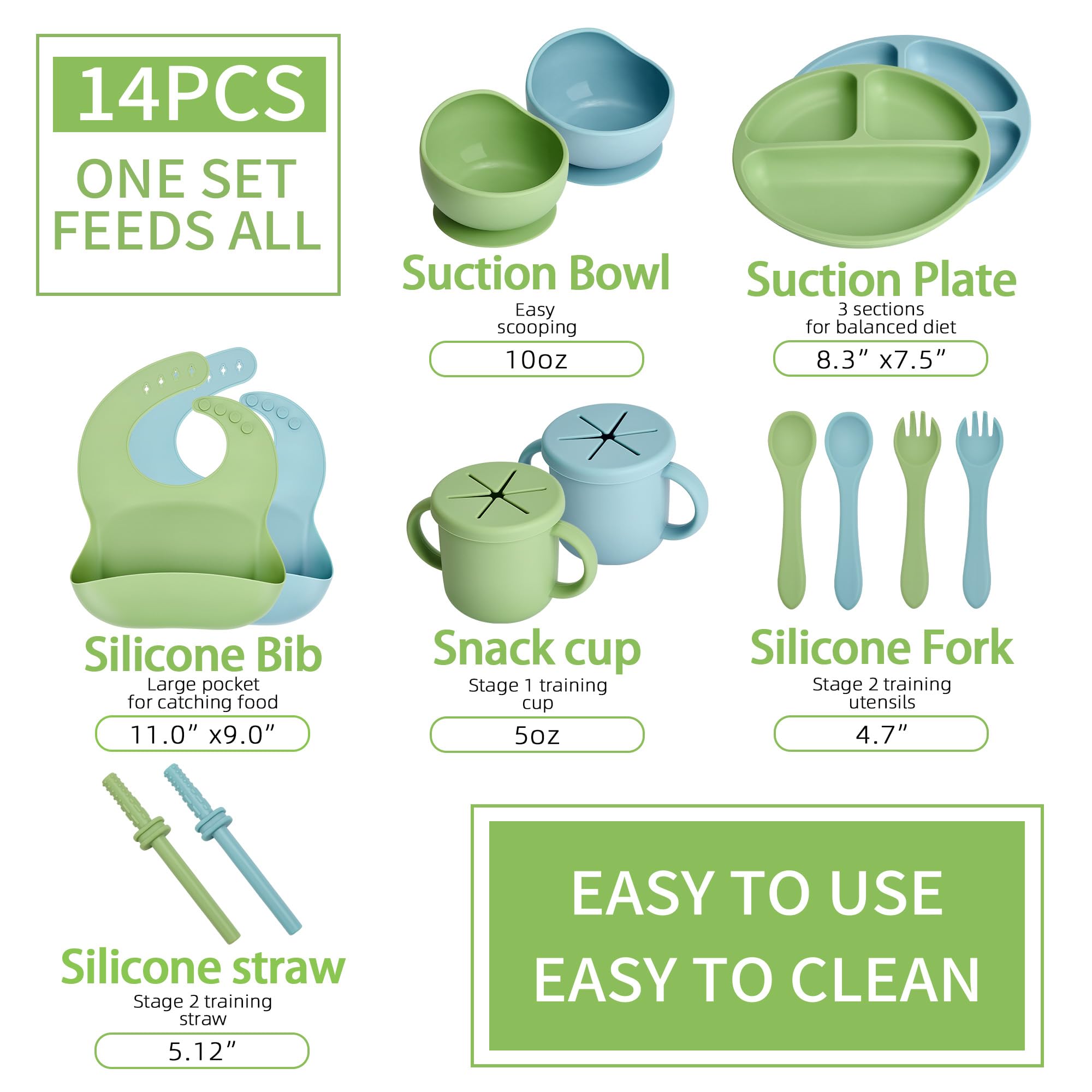 MumEZ Silicone Baby Feeding Set, Baby Led Weaning Utensils, Adjustable Silicone Bibs, Baby Plates and Bowls with Suction, Baby Spoons Forks, Sippy Cup, Baby Eating Essentials(Ether&Sage)