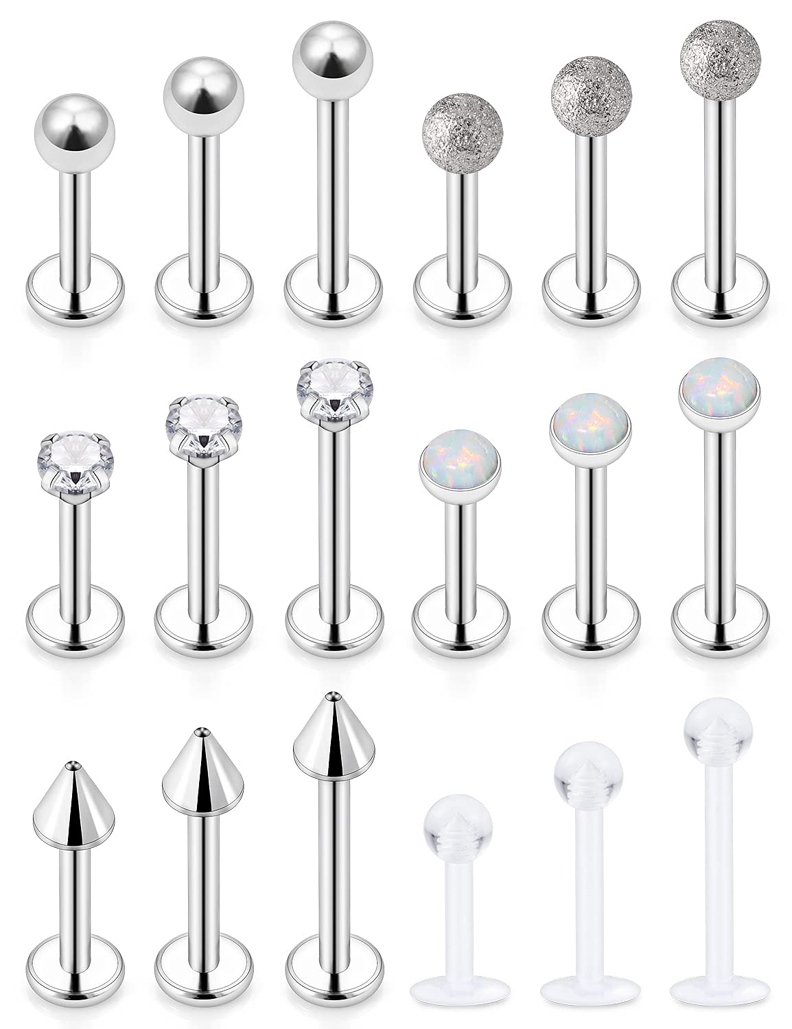 Ovxznts 18Pcs Assorted Length 16G Lip Rings for Women Men Surgical Steel Medusa Piercing Jewelry Labret Studs CZ Diamond Opal Tragus Forward Helix Earrings Retainer Silver-tone