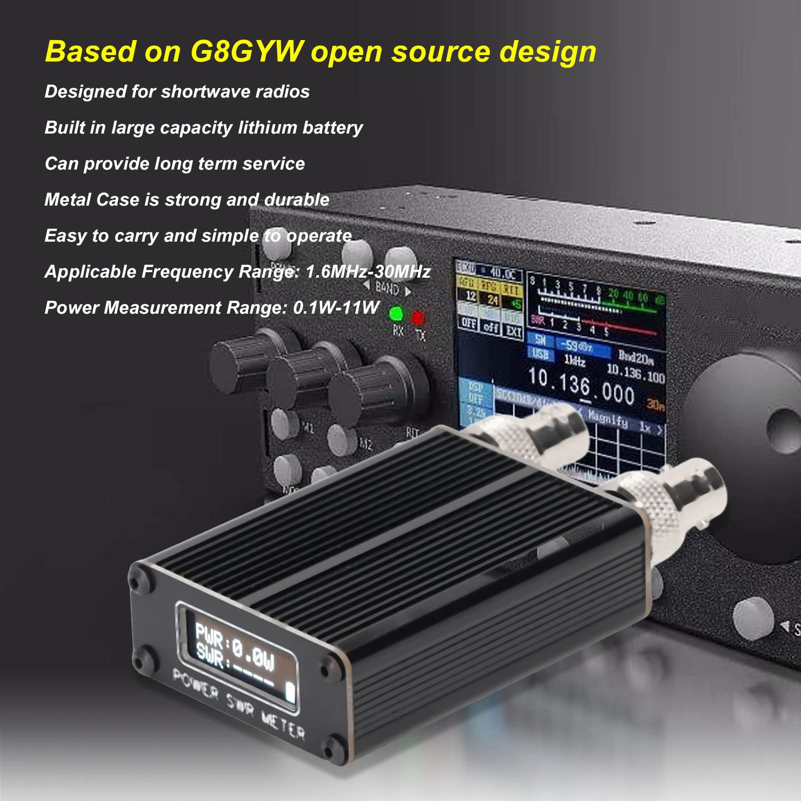 Standing Meter Mini Watt/SWR Power Meter 11W 1.6MHz-30MHz for Shortwave Radios with Built in Battery(Version with communication function)