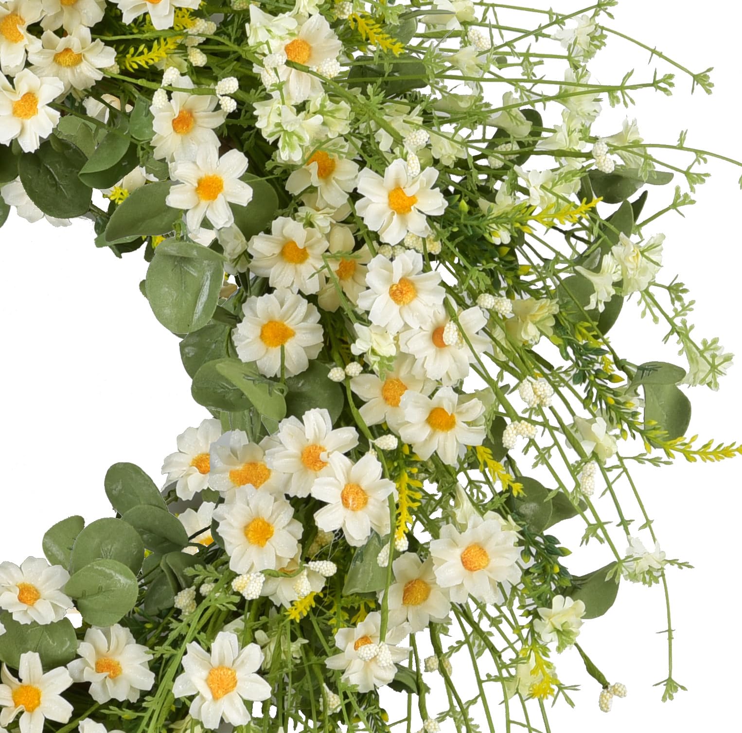 LSKYTOP 24 Inches Artificial Daisy Flower Wreath with Eucalyptus Leave Silk Flower White Berries Spring Summer Wreath for Front Door Wall Decor