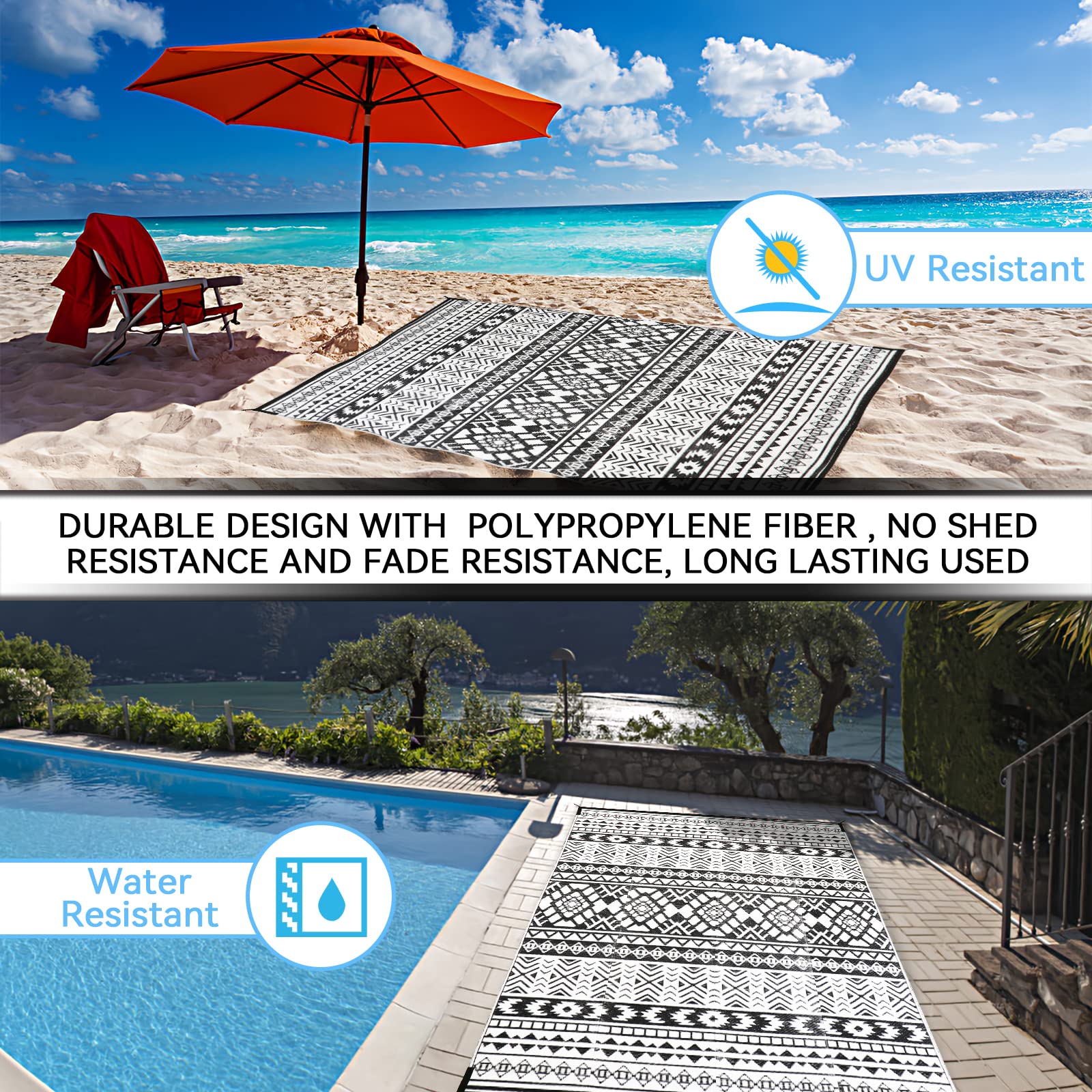 Loninak Outdoor Rug Carpet, Plastic Straw Rug, Waterproof Outdoor Rugs, Patio Rug for RV, Trailer, Beach Camping, Backyard, Deck, 4 Stakes and Carry Bag Included, 5' x 8'