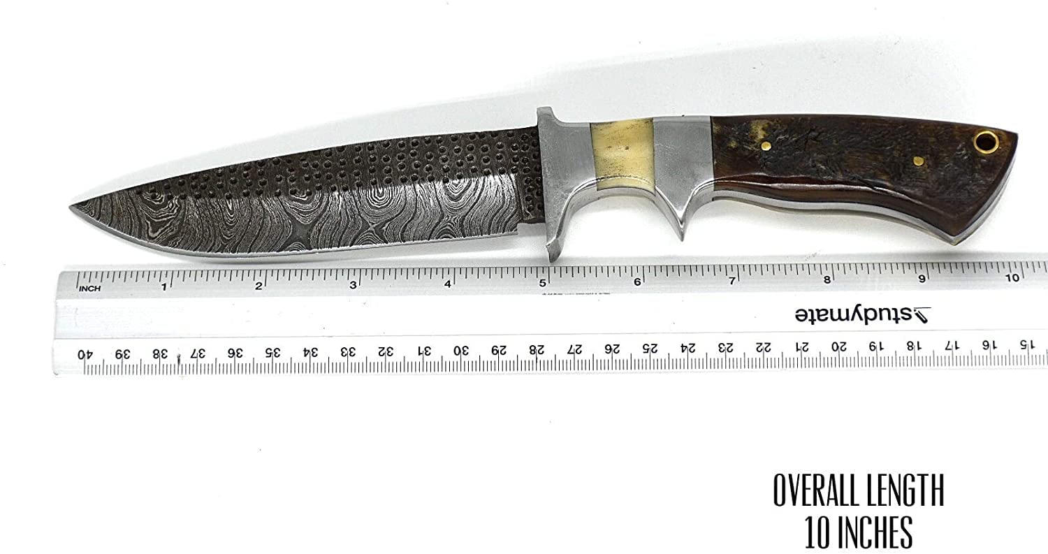 PSK83 - Handmade Damascus Hunting Knife Ram Horn Handle Full Tang Fire & Raindrop Patter - (PSK-83)