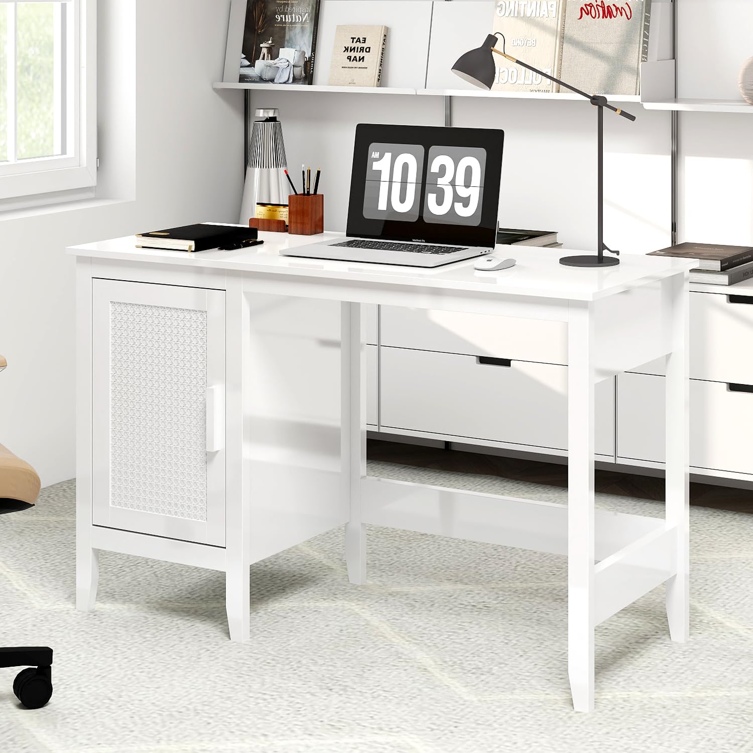 LYNSLIM Computer Desk with Storage,37'' White Small Home Office Desk,kids Desk with for Bedroom, oak farmhouse desk (Black, Large)