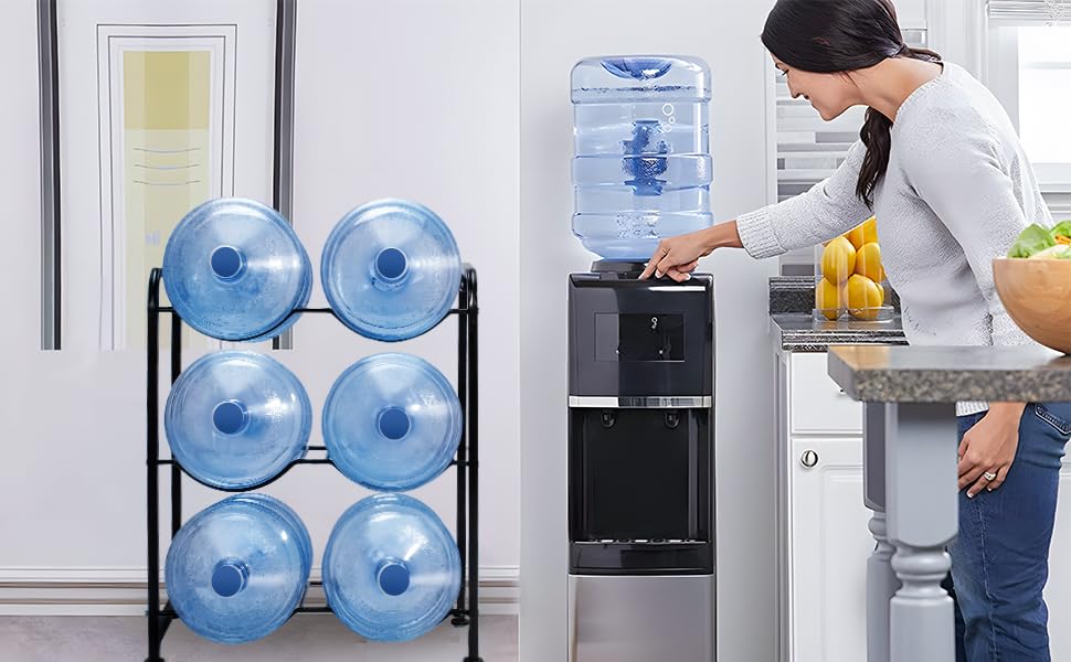 UMORNING 5 Gallon Water Bottle Holder, 3-Tier Water Cooler Jug Rack for 6 Bottles Heavy Duty Detachable Kitchen Organization and Storage Shelf, Black