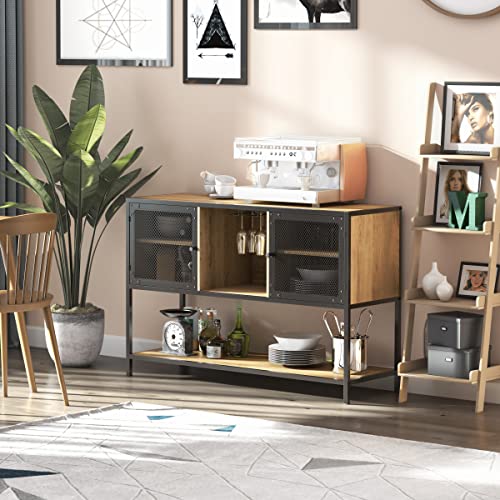WiberWi Storage Cabinet Sideboard Coffee Bar Cabinet, Farmhouse Buffet Station with Glasses Rack, Credenza Cupboard ConsoleTable for Entryway Kitchen Dining Living Room, Brown