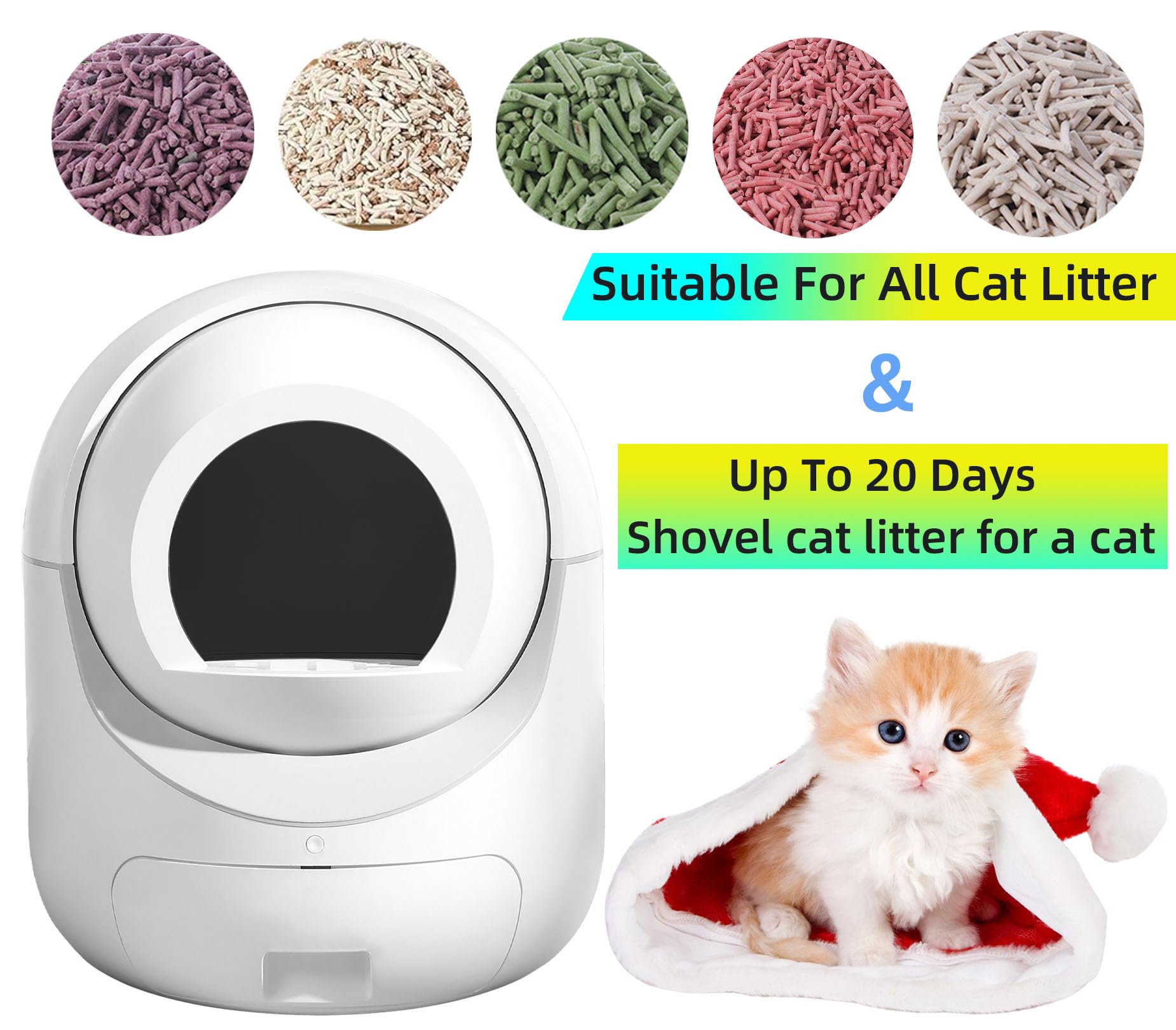 Large Self Cleaning Cat Litter Box, Pretty Automatic Cat Litter Box Robot with APP Control & Safe Alert & Smart Health Monitor for Kitty, Tidy Multiple Cats (White)