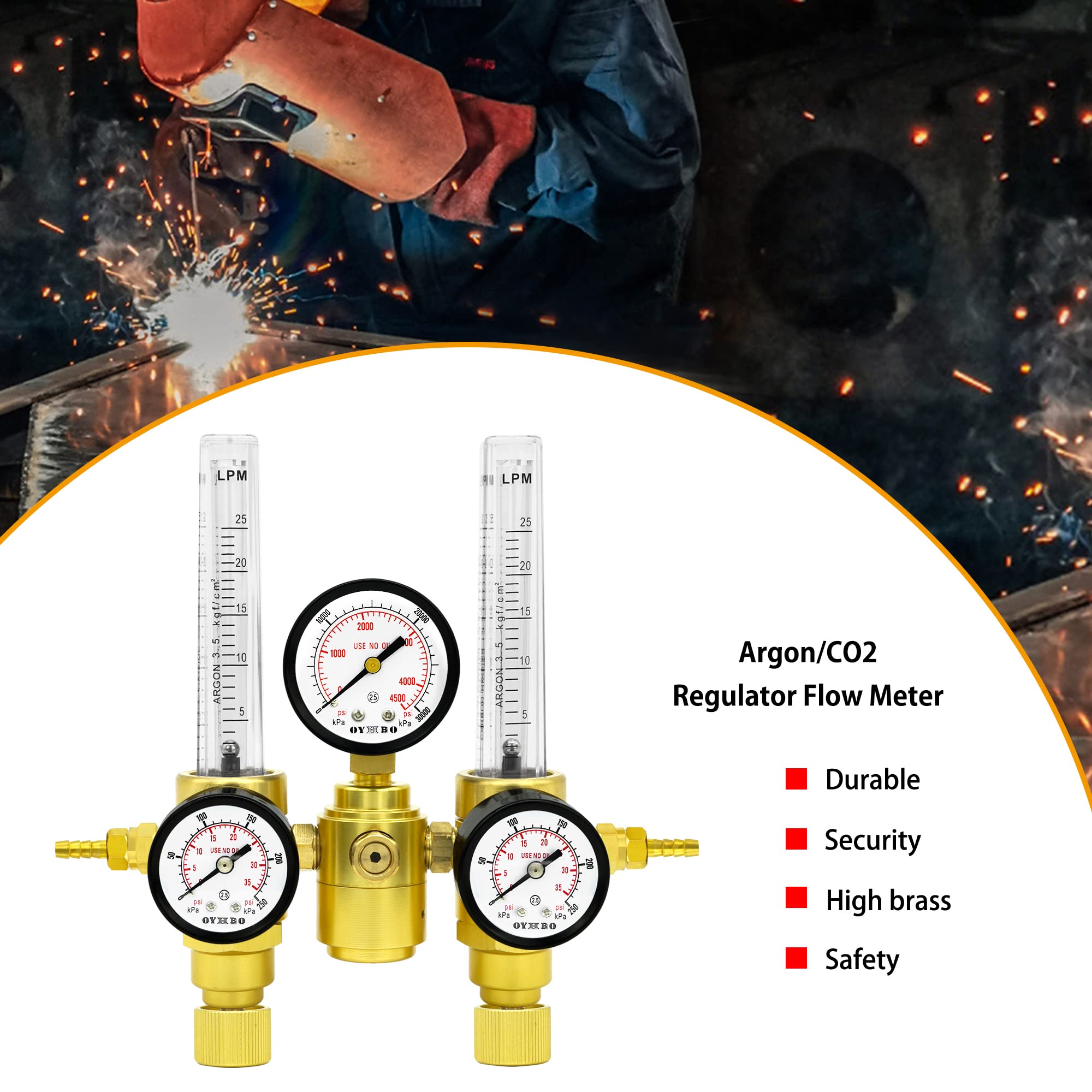 OYHBO Dual Output Argon CO2 Flow Meter MIG TIG Welding Regulator 3 Gauges Gas-saving CGA-580