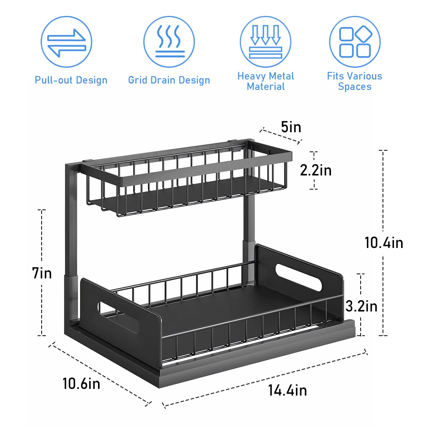 Meegoo Under Sink Organizer, 2 Tier Pull Out Cabinet Organizer, Heavy Duty Metal Shelf Cabinet Storage Shelves for Kitchen Bathroom Organization Multi-Use (Black)