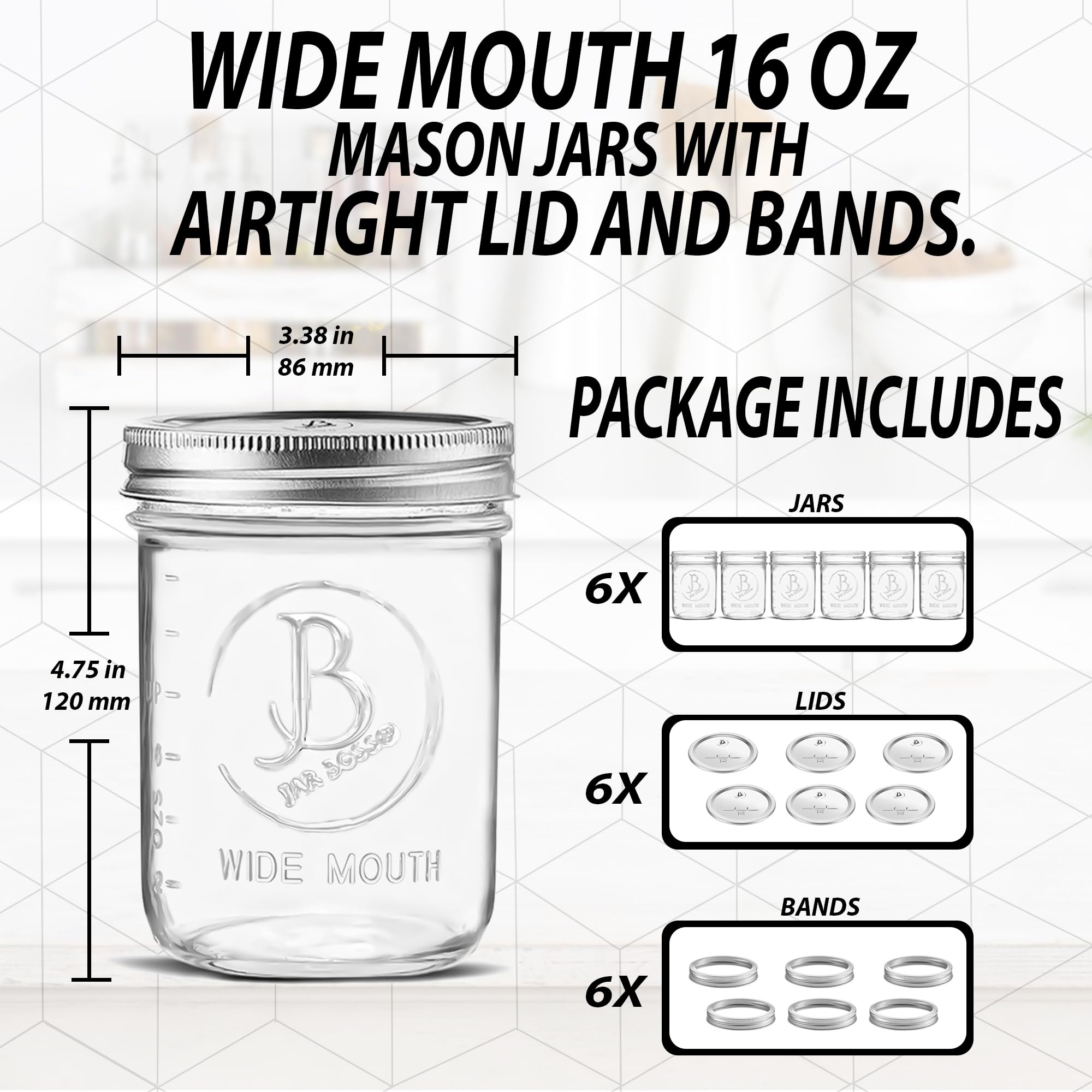 Wide Mouth Mason Jars 16 oz - (6 Pack) - Clear Glass Pint Mason Jars With Airtight Lids and Bands. For Storage, Canning, Fermenting, Meal Prep, Overnight Oats, Freezing, Microwave & Dishwasher Safe