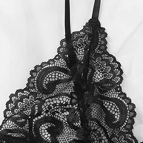 wodceeke Womens One Piece Lingerie Deep V Teddy Sexy Lace Bodysuit Home pajamas (Black, L)