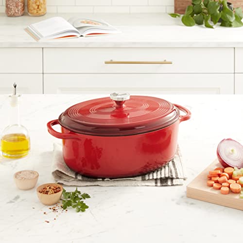 Lodge 7 Quart Enameled Cast Iron Oval Dutch Oven with Lid – Dual Handles – Oven Safe up to 500° F or on Stovetop - Use to Marinate, Cook, Bake, Refrigerate and Serve – Red